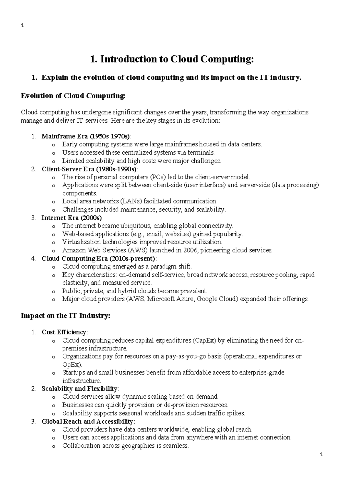 Cloud computing vvi question - 1. Introduction to Cloud Computing: 1. Explain the evolution of ...