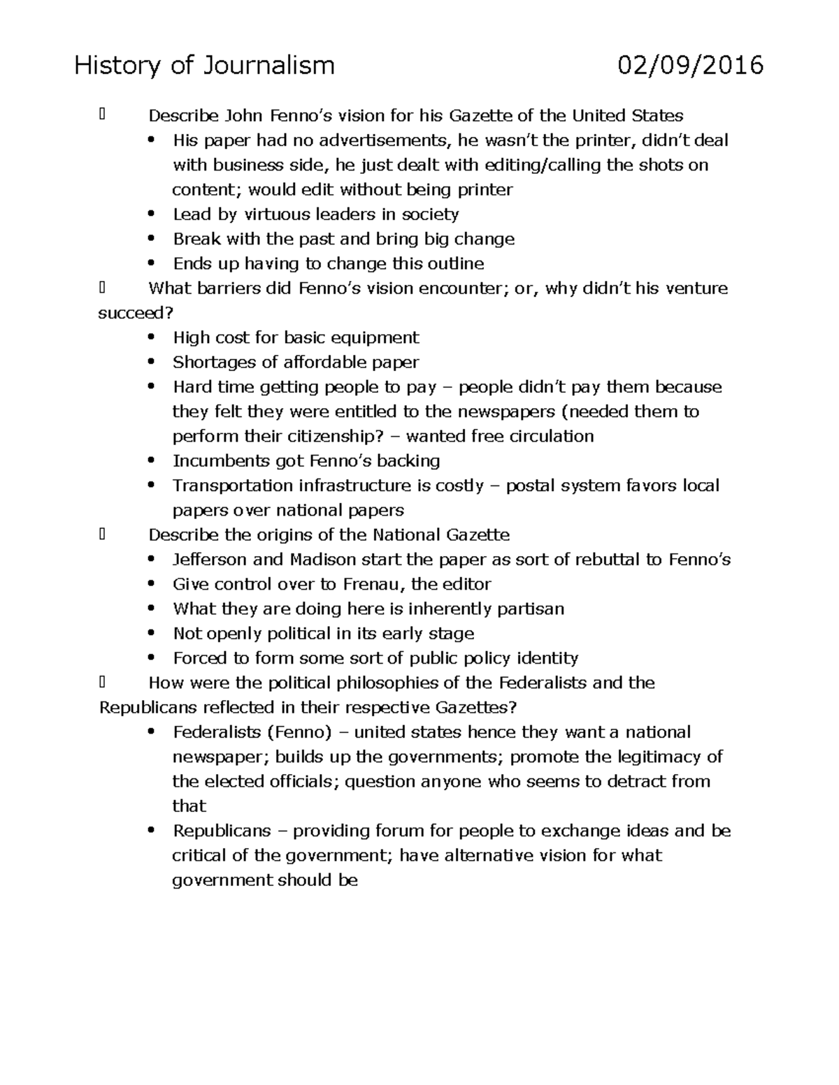 History of Journalism Lecture Notes - pre-midterm - History of ...