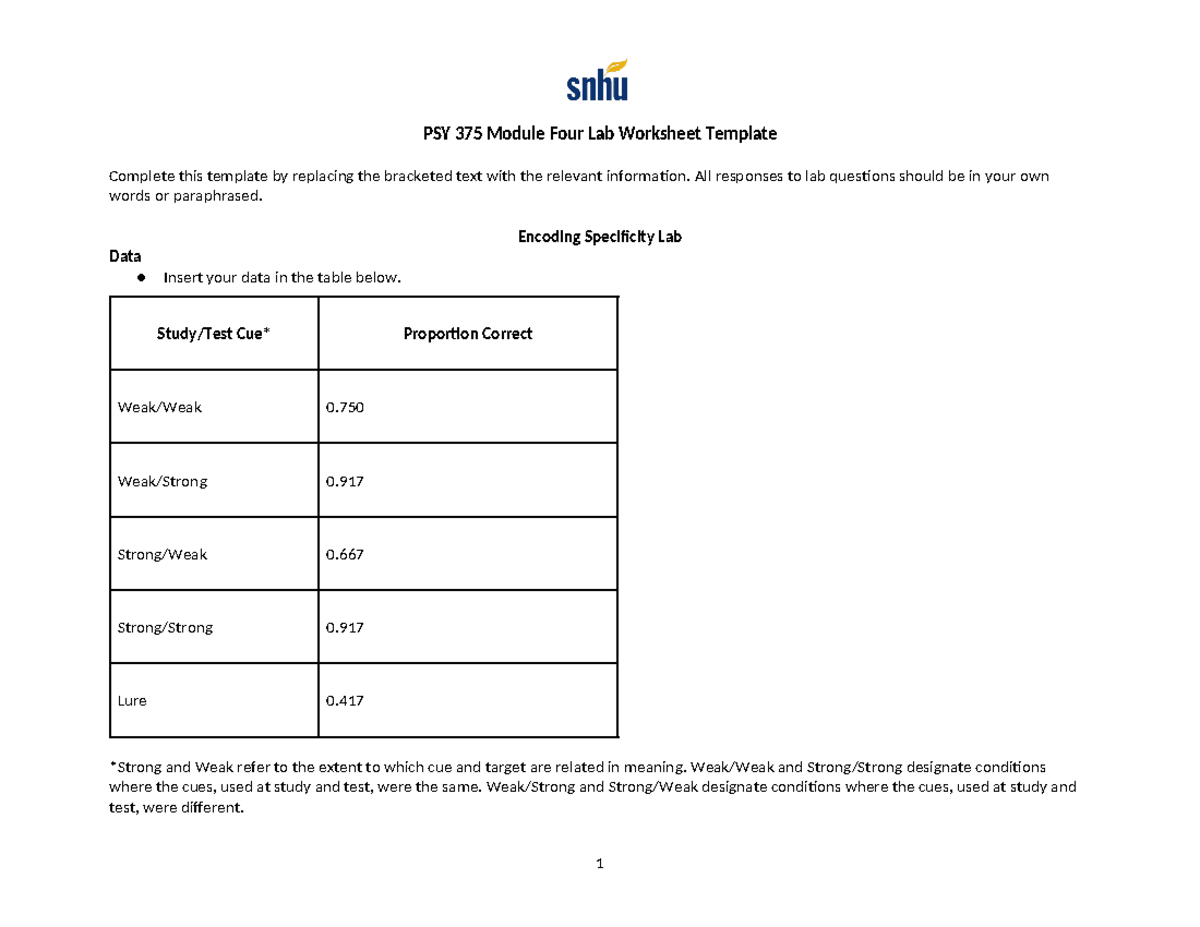 PSY 375 Module Four Lab Worksheet Template - Morgan severson - PSY 375 ...