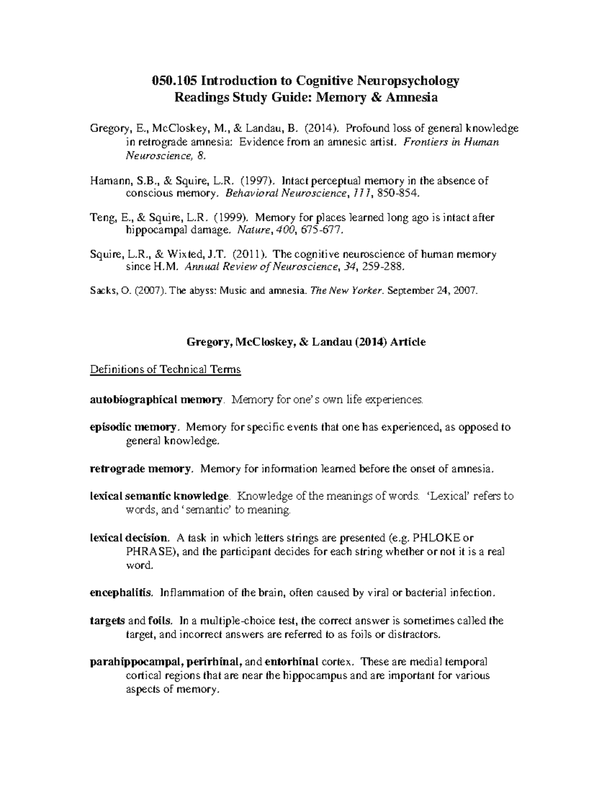 Study Guide Memory & Amnesia - 050 Introduction to Cognitive ...