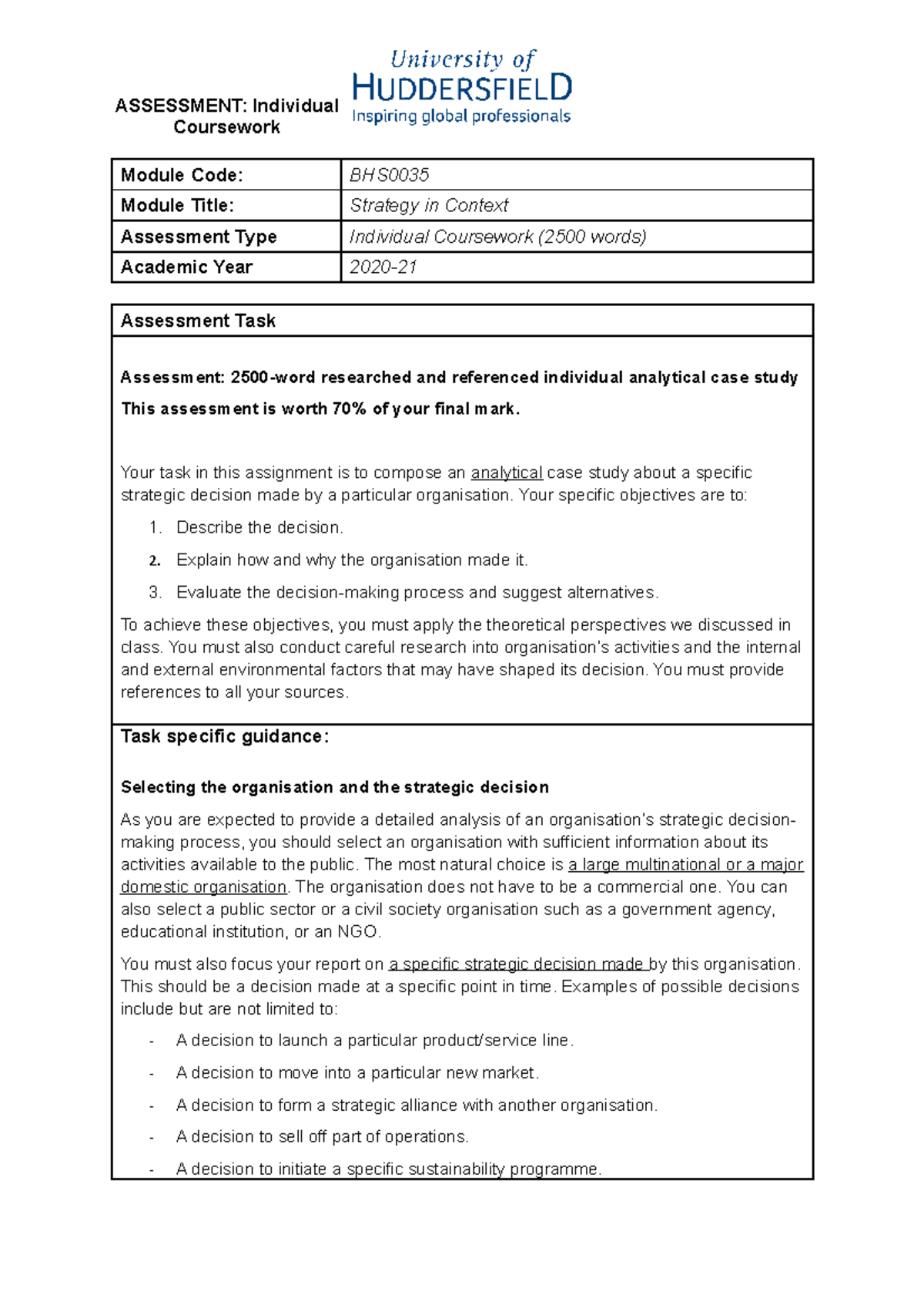 BHS0035 Strategy in Context Individual CW Brief 2020-21 - ASSESSMENT ...