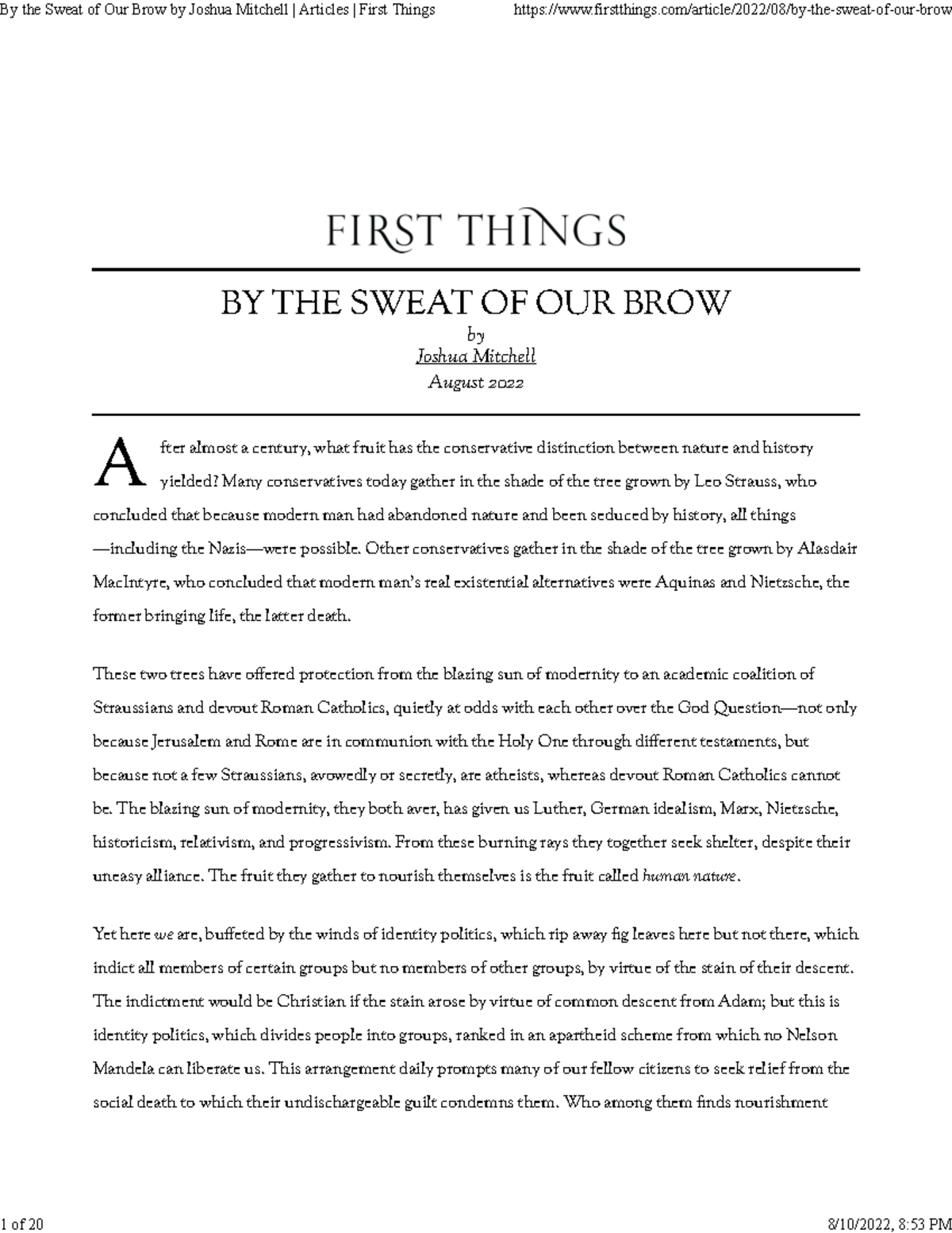 By the Sweat of Our Brow by Joshua Mitchell Articles First Things - BY ...