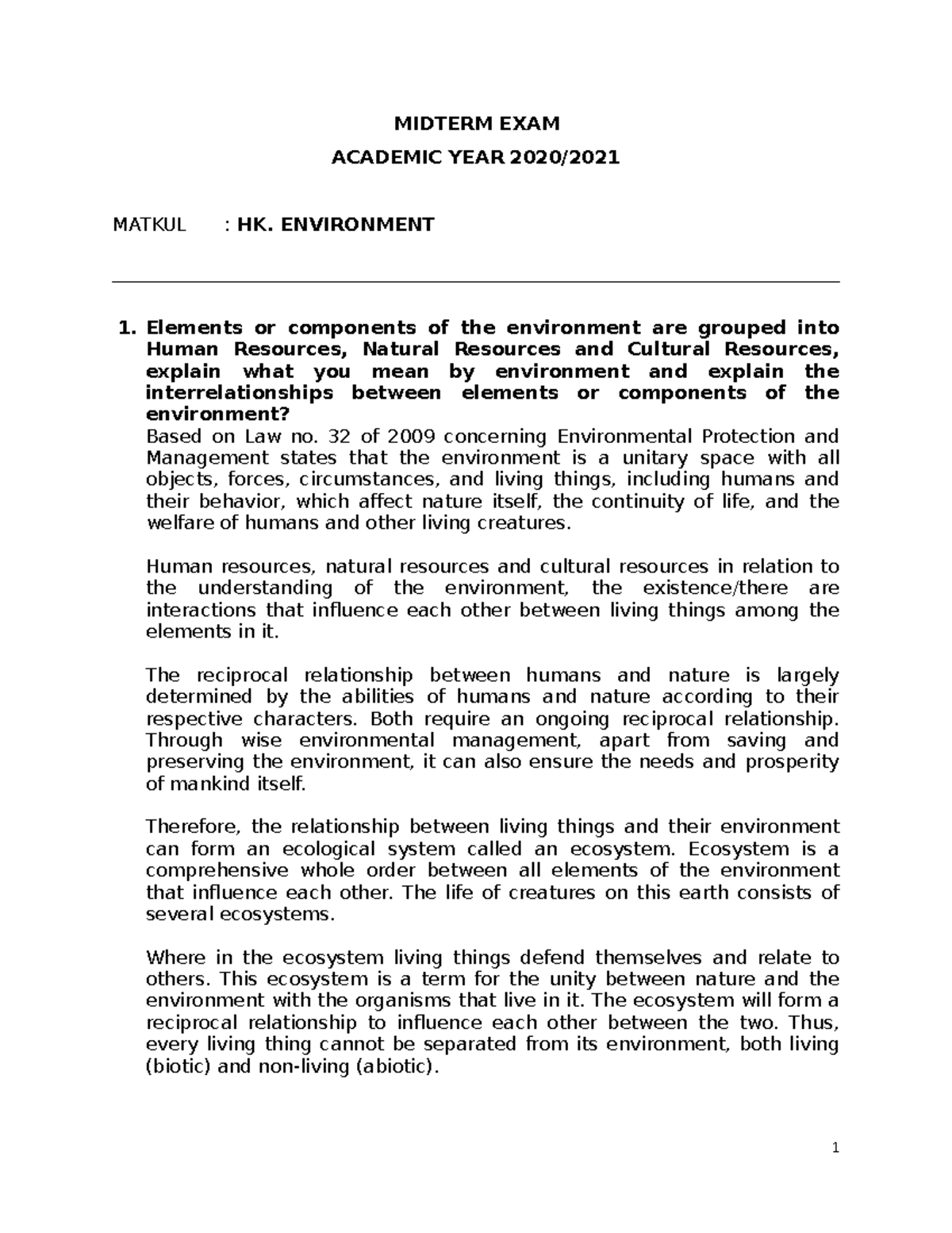 Environmental Law - Class A - Midterm Exam - MIDTERM EXAM ACADEMIC YEAR ...