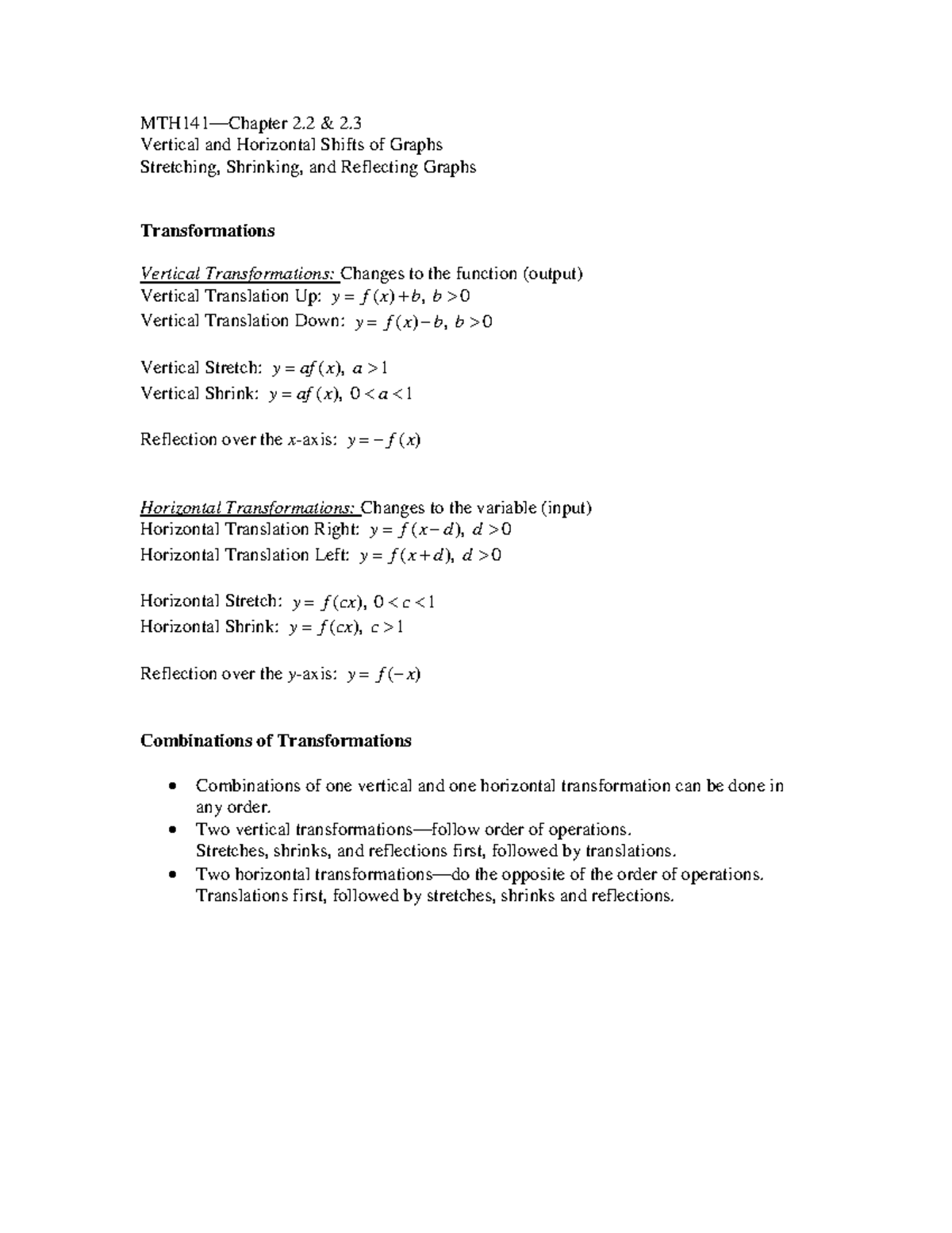 MTH141 2.2-2.3 Notes - Transformations (Vertical and Horizontal Shifts ...