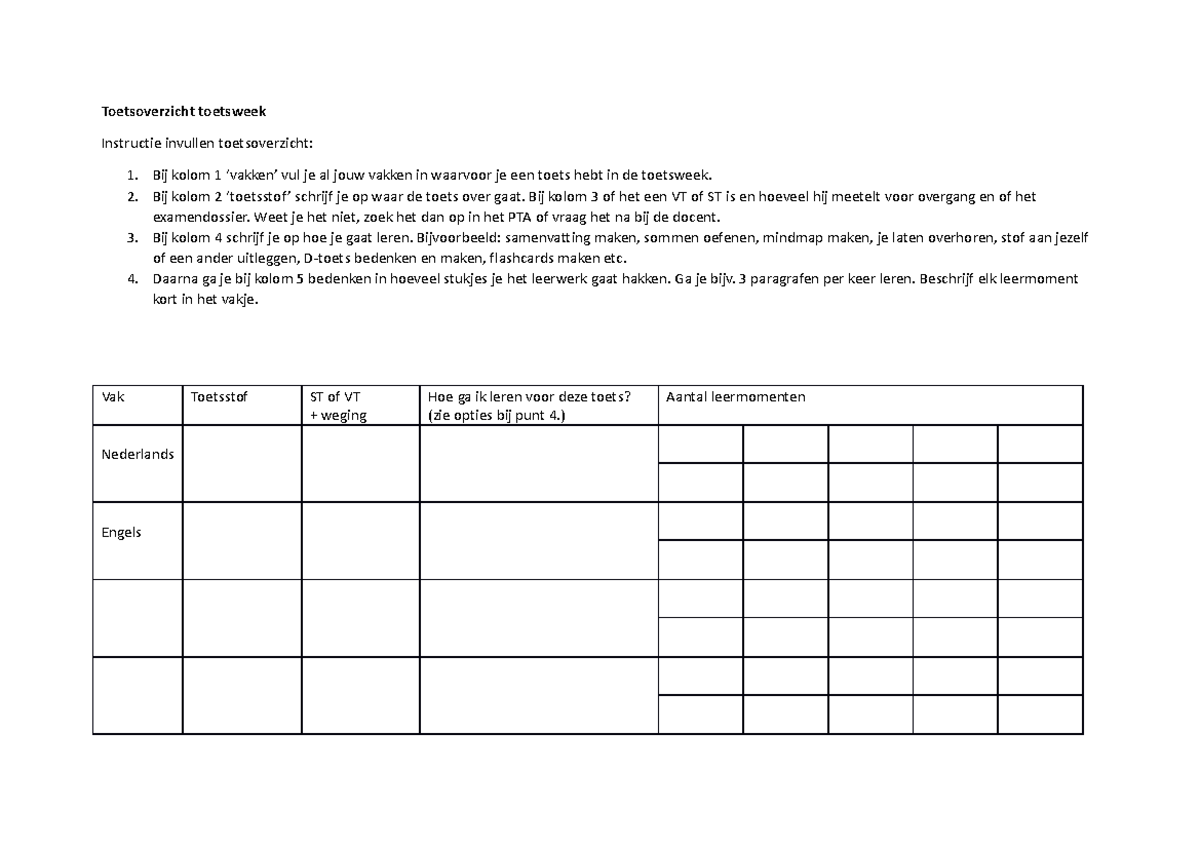 Toetsoverzicht toetsweek - Toetsoverzicht toetsweek Instructie invullen ...