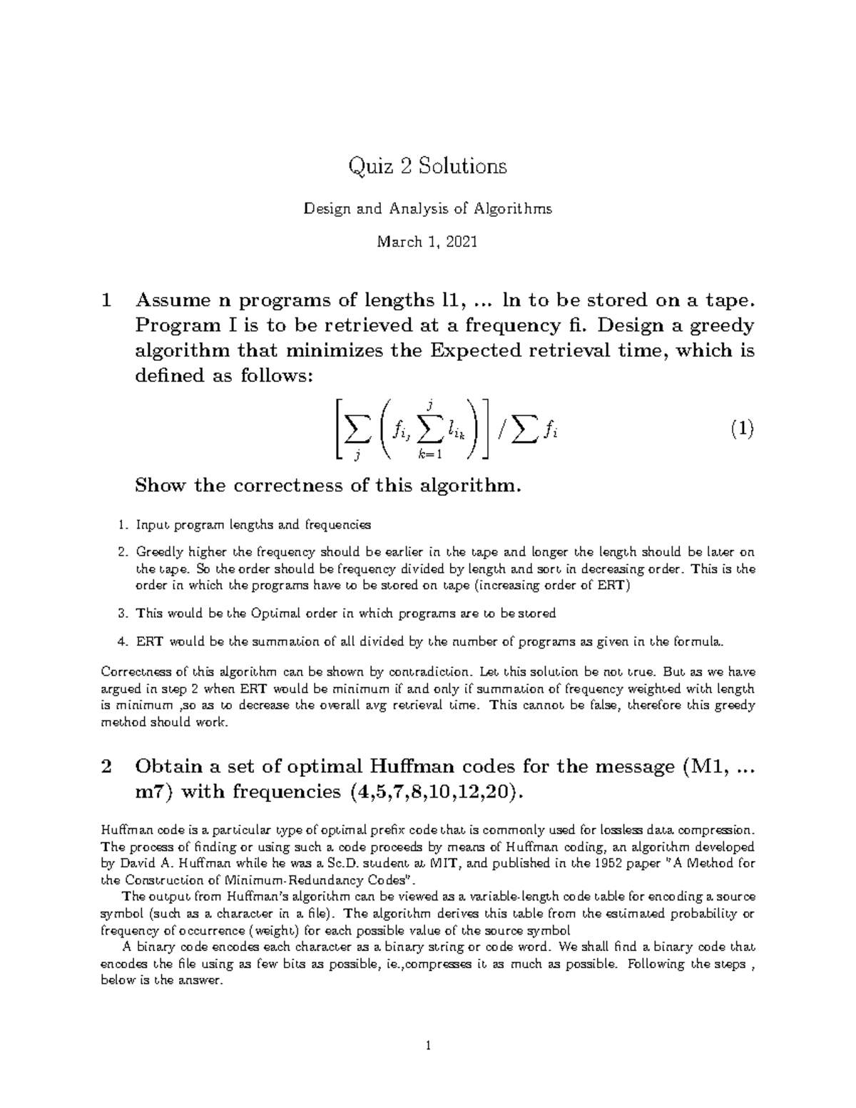 Quiz 2 Soln - Quiz2 Sol - Quiz 2 Solutions Design and Analysis of Algorithms March 1, 2021 1 ...