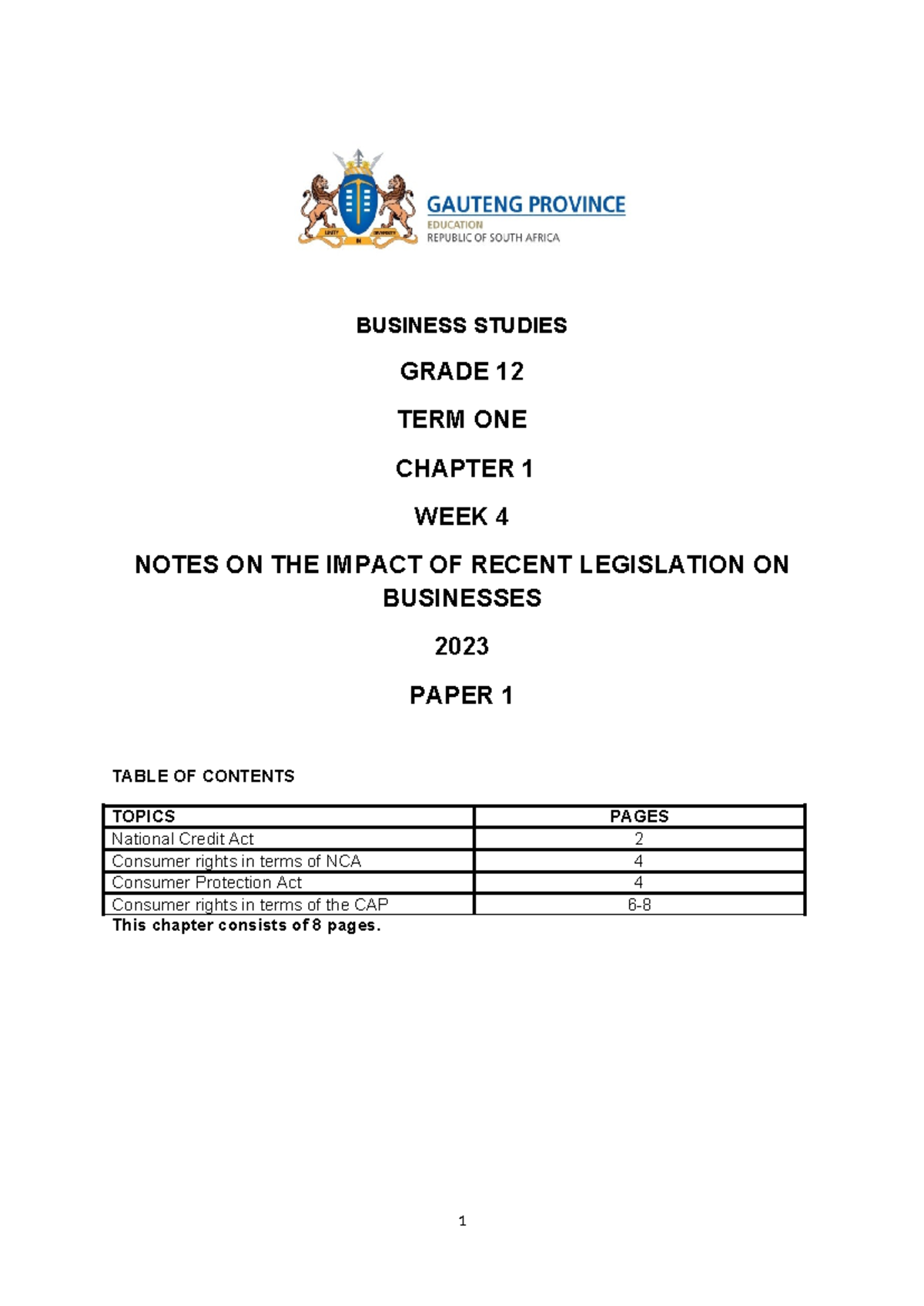 2023 WEEK 4 Grade 12 Legislation - BUSINESS STUDIES GRADE 12 TERM ONE ...