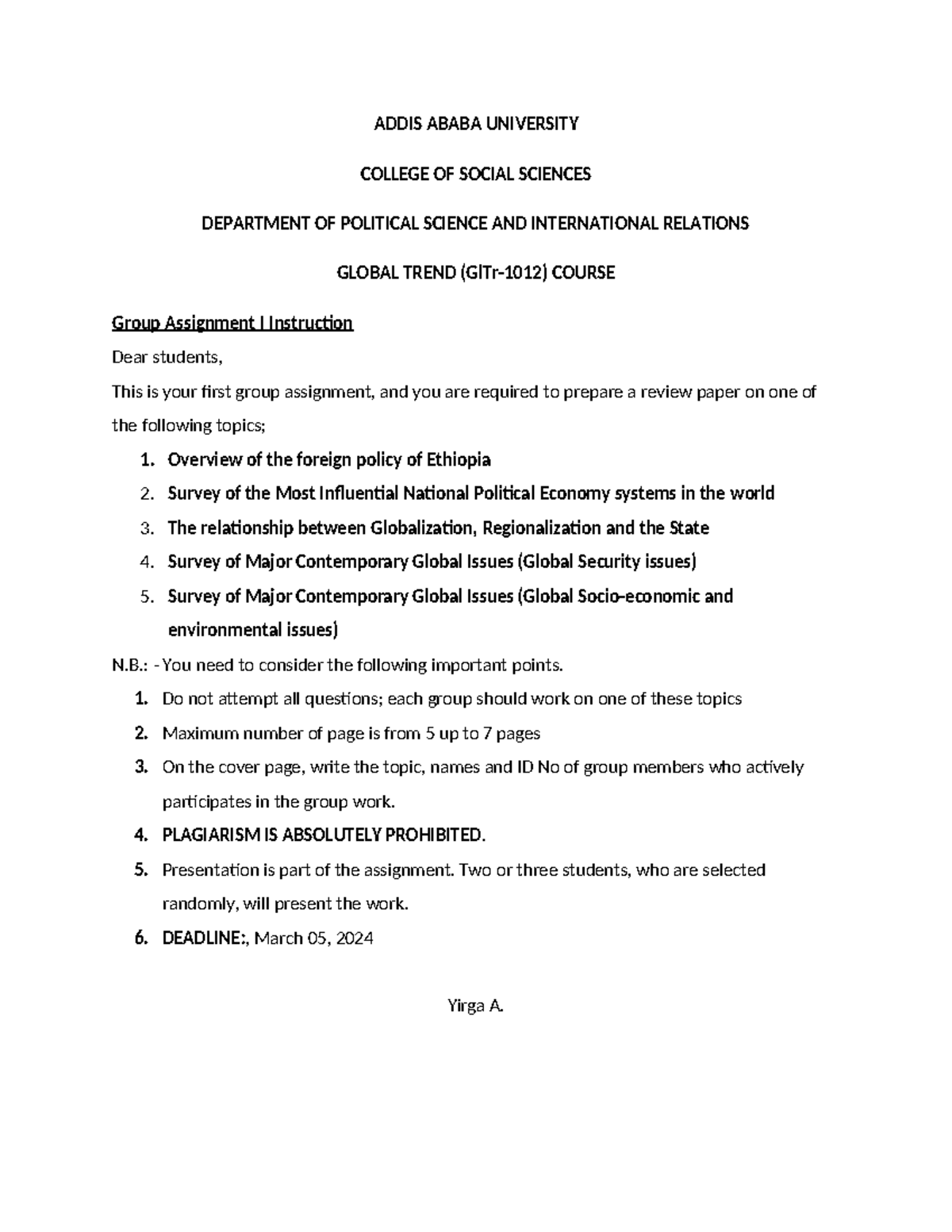 Global Trend Group Assignment 1 - ADDIS ABABA UNIVERSITY COLLEGE OF SOCIAL SCIENCES DEPARTMENT ...