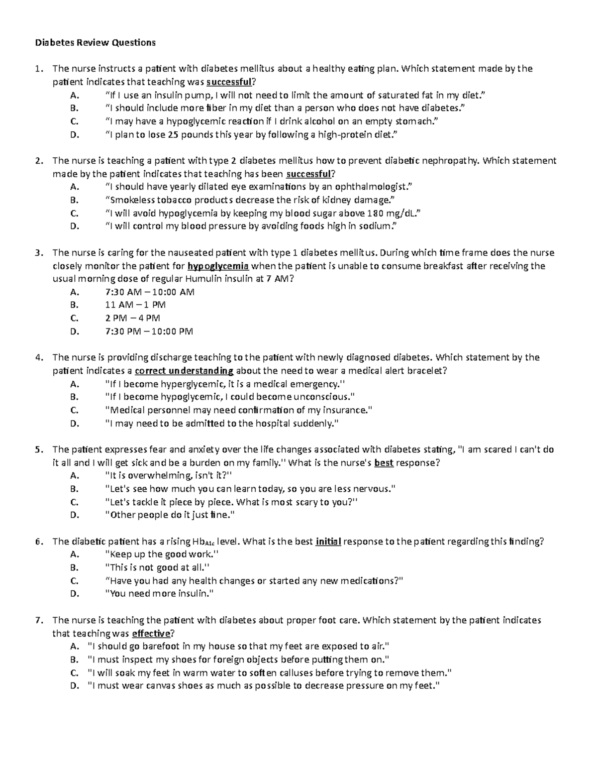 Diabetes Review Questions - Diabetes Review Questions The nurse ...