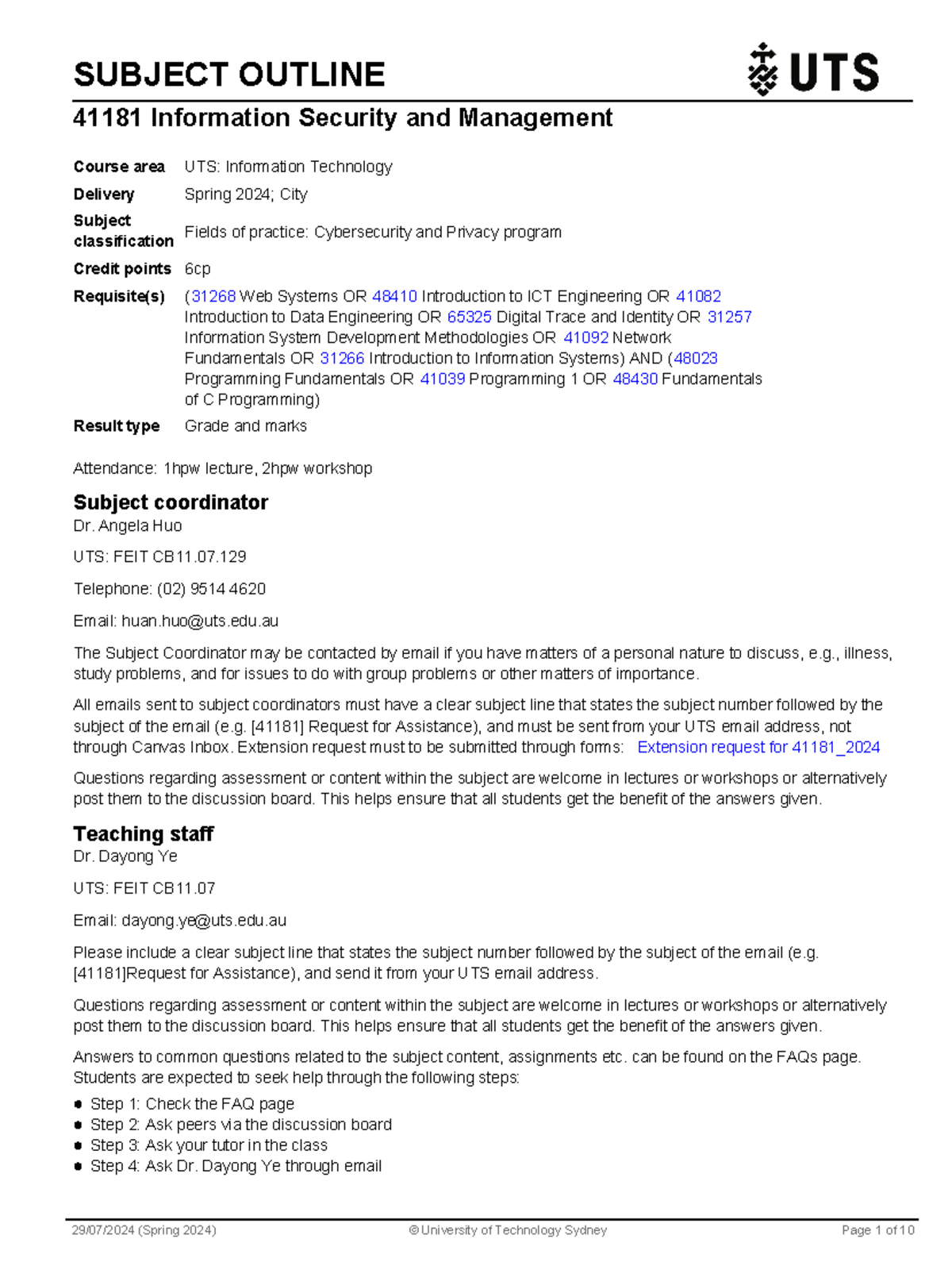 Information Security and Management SPR24 subject outline - SUBJECT ...