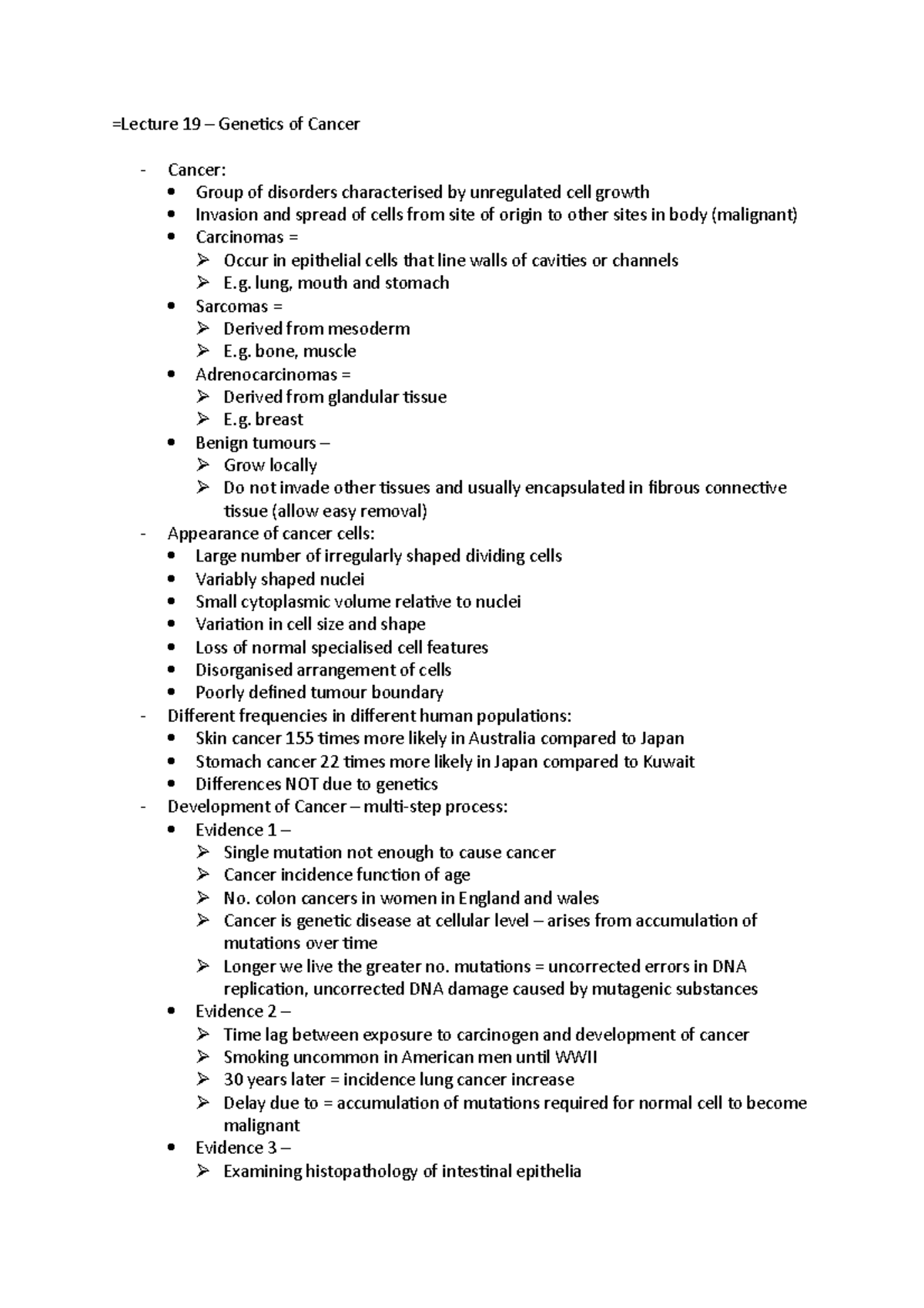Lecture 19 - Genetics of cancer - =Lecture 19 – Genetics of Cancer Cancer: Group of disorders ...