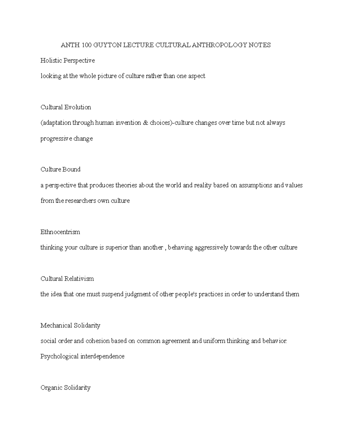 Anth 100 Guyton Lecture Cultural Anthropology Notes Anth 100 Guyton Lecture Cultural