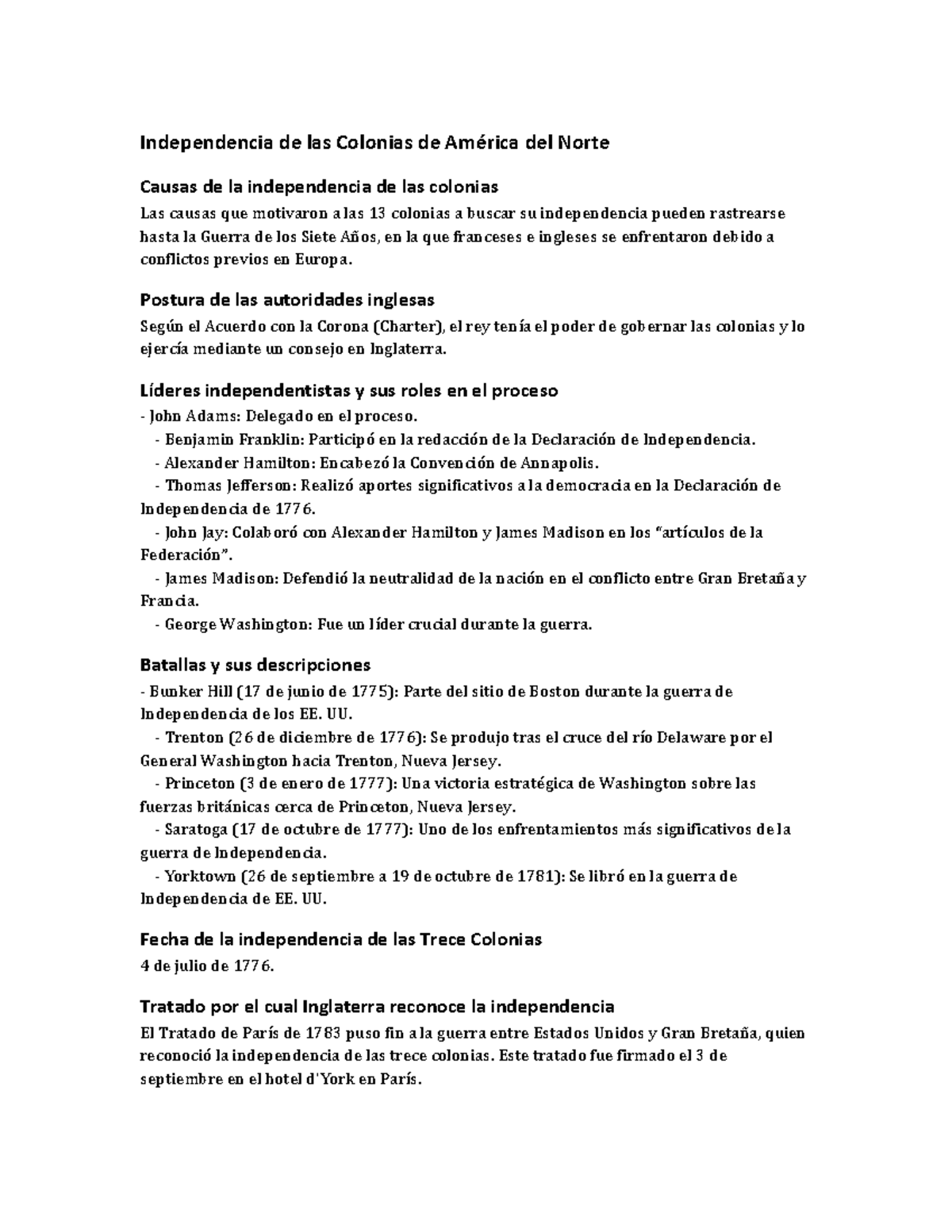 Resumen Independencia Trece Colonias - Independencia de las Colonias de ...