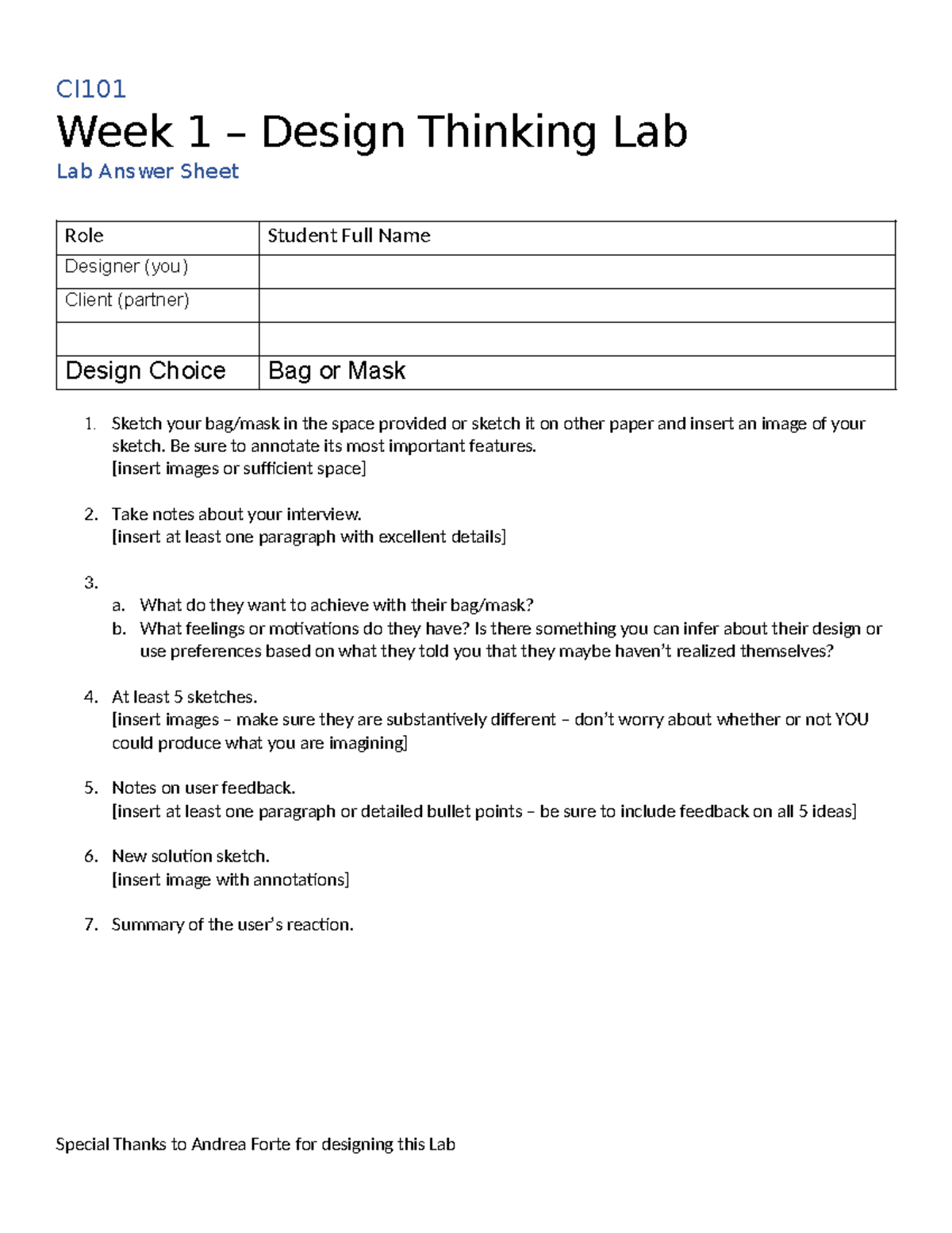 Week1designworkshopas - CI Week 1 – Design Thinking Lab Lab Answer ...