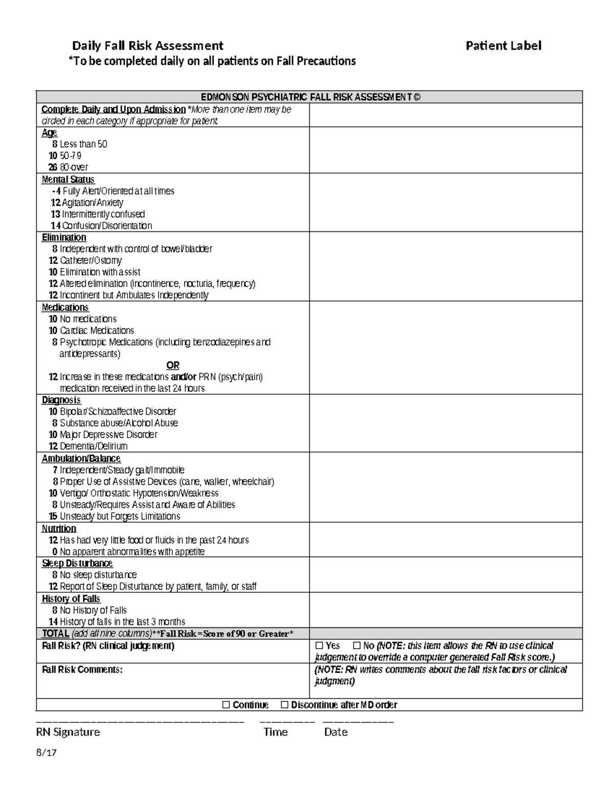 Falls daily reassessment 8 - Daily Fall Risk Assessment Patient Label ...
