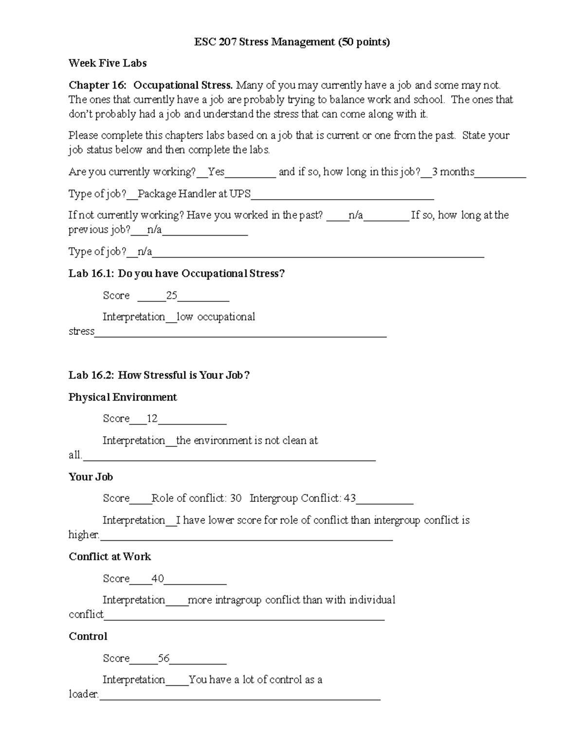 Week Five Lab Summary Sheet - ESC 207 Stress Management (50 points ...