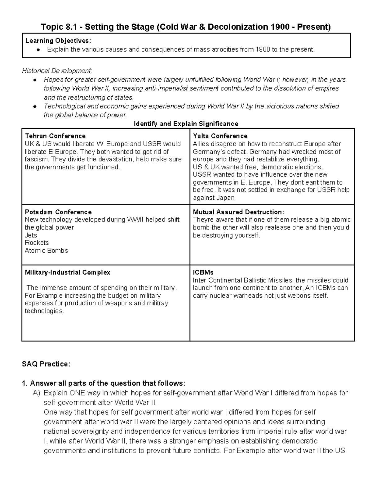 Copy of 8.1 - Notes - Topic 8 - Setting the Stage (Cold War ...
