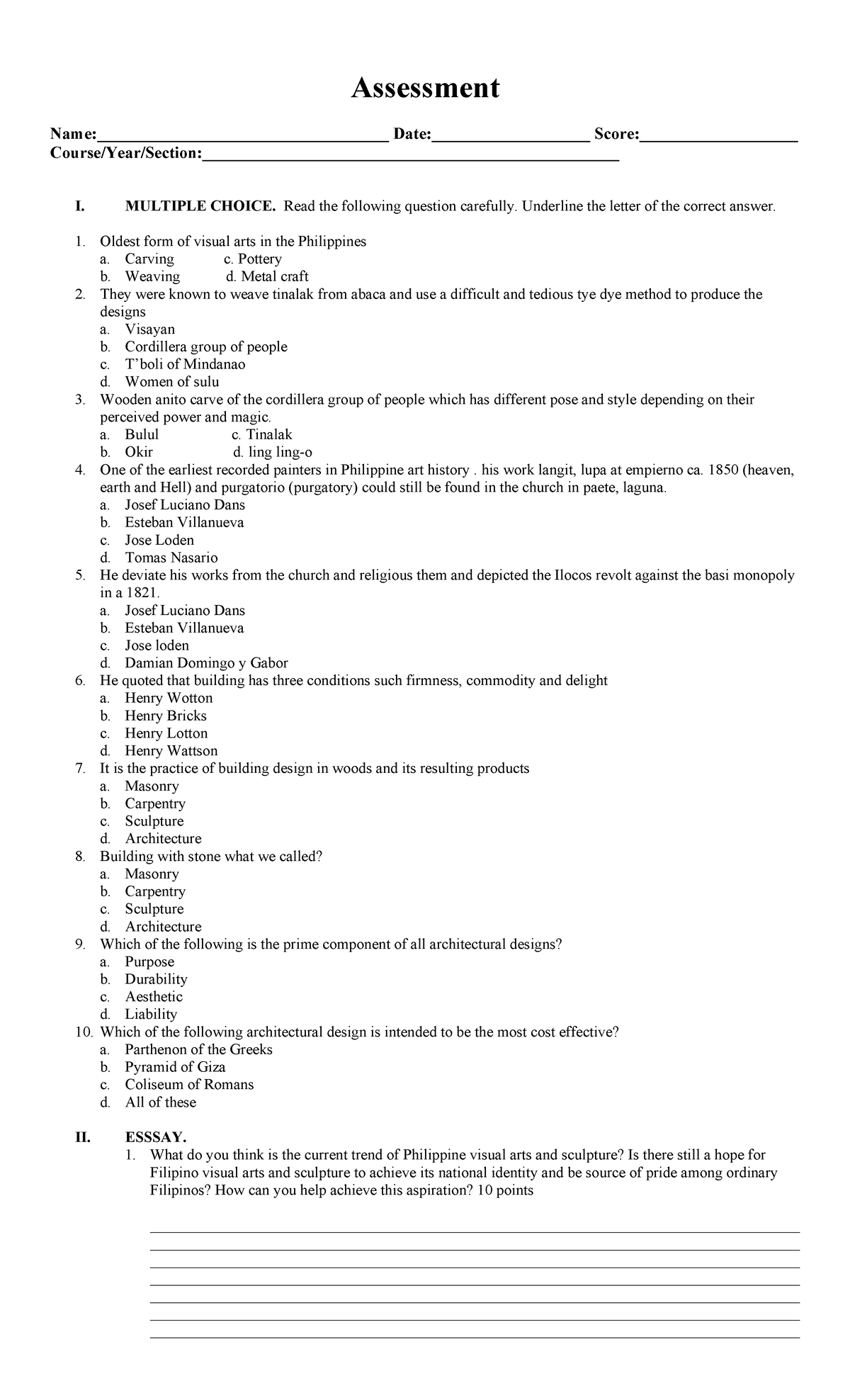 Midterm Assessment IN ART Appreciation - Assessment Name