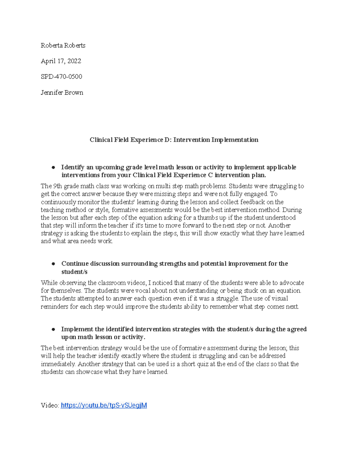 Clinical Field Experience D Intervention Implementation - The 9th grade ...