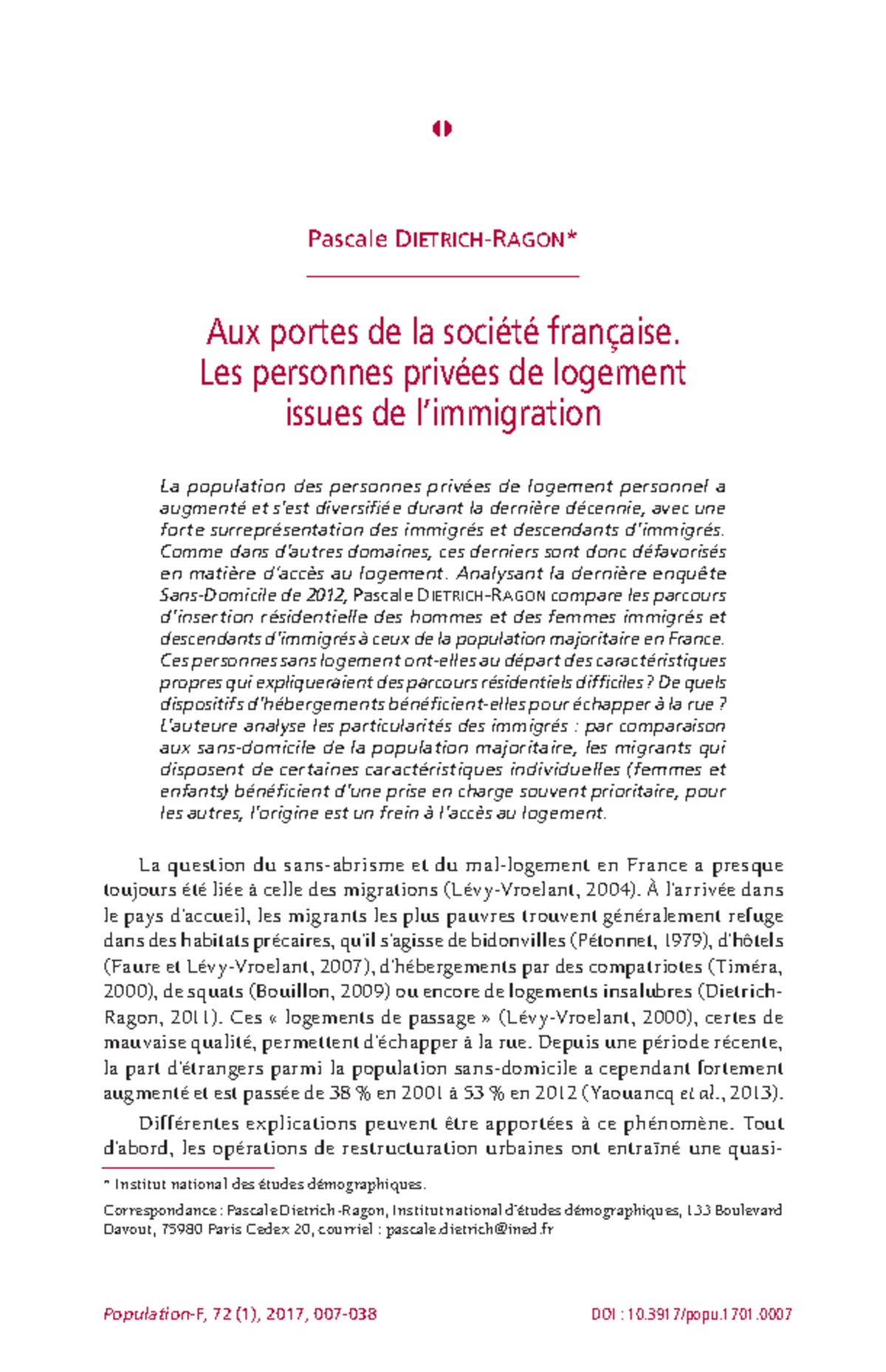 Aux portes de la societe francaise les personnes privees de logement ...