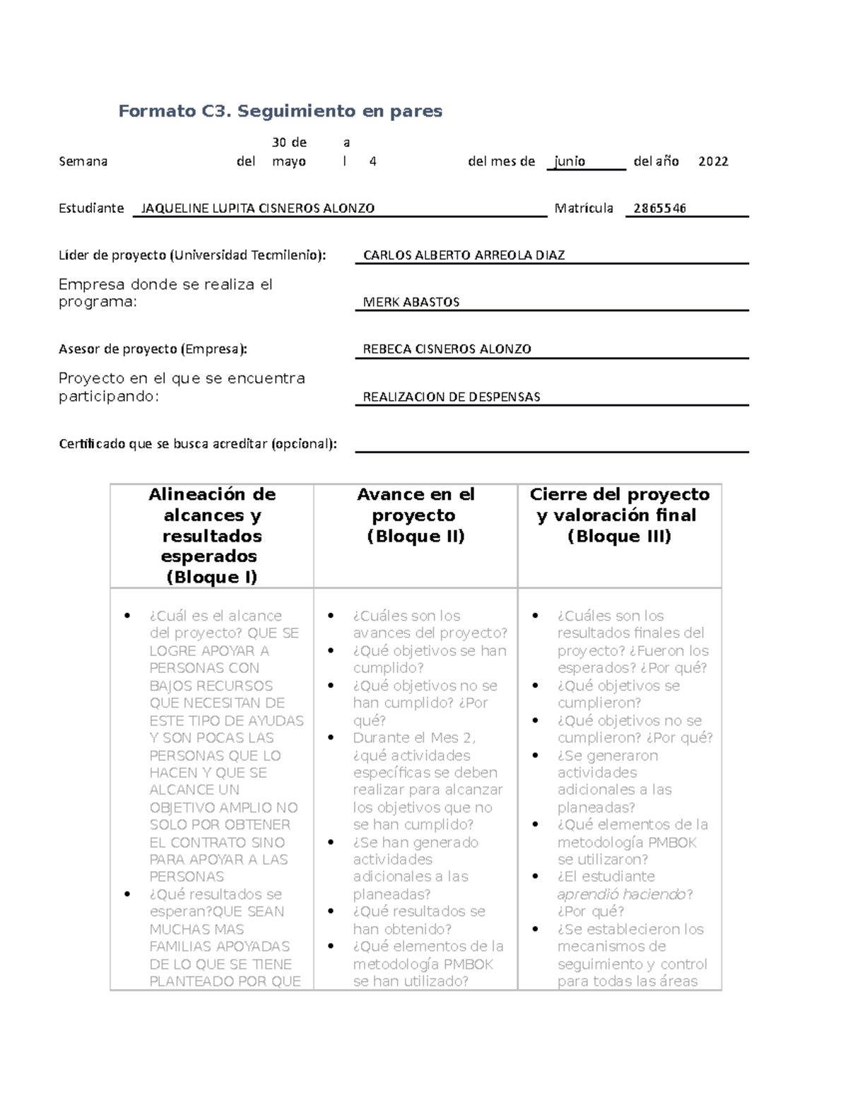 Formato C 3 jaqueline cisneros - Formato C3. Seguimiento en pares ...