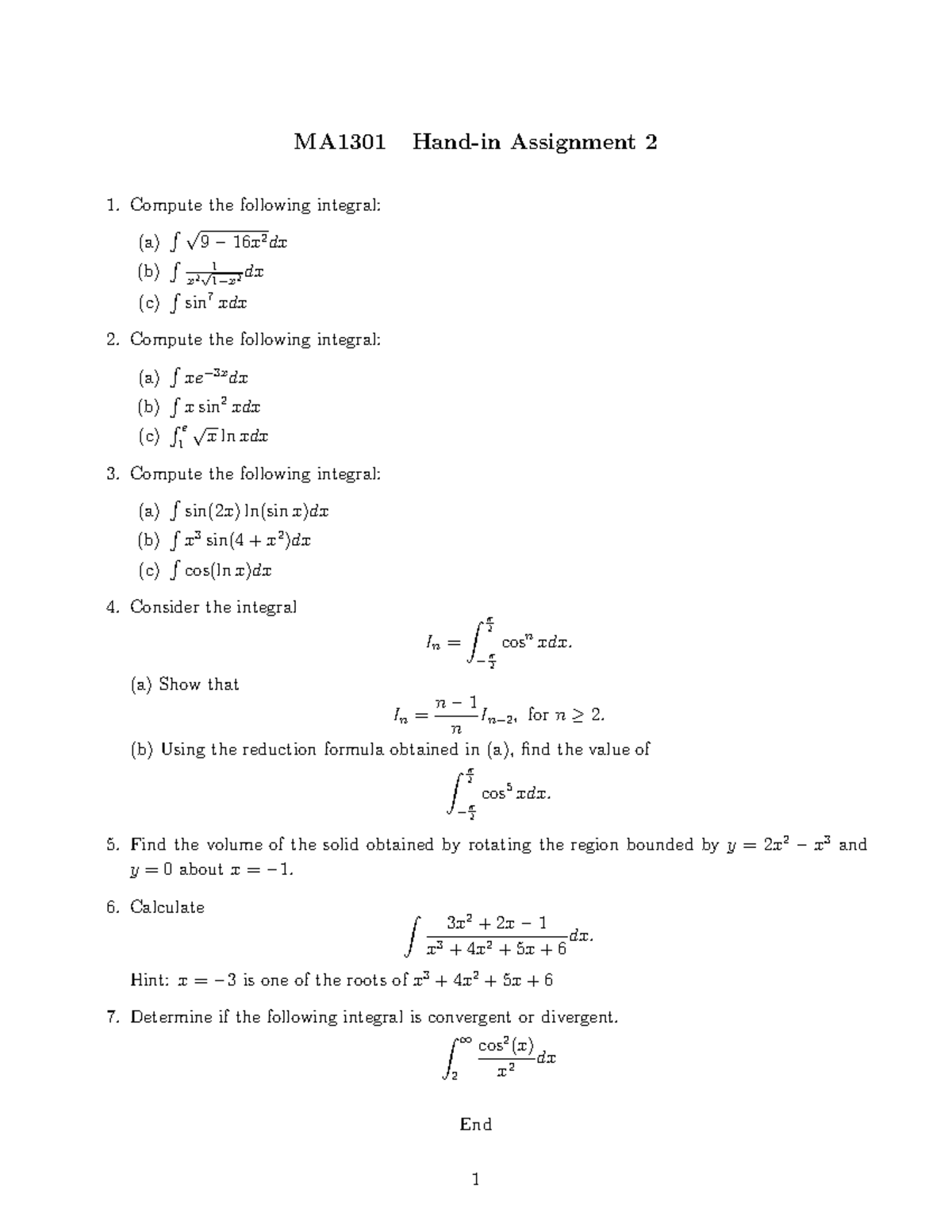 Handin 2 - 1the hand in of the course - MA1301 Hand-in Assignment 2 ...