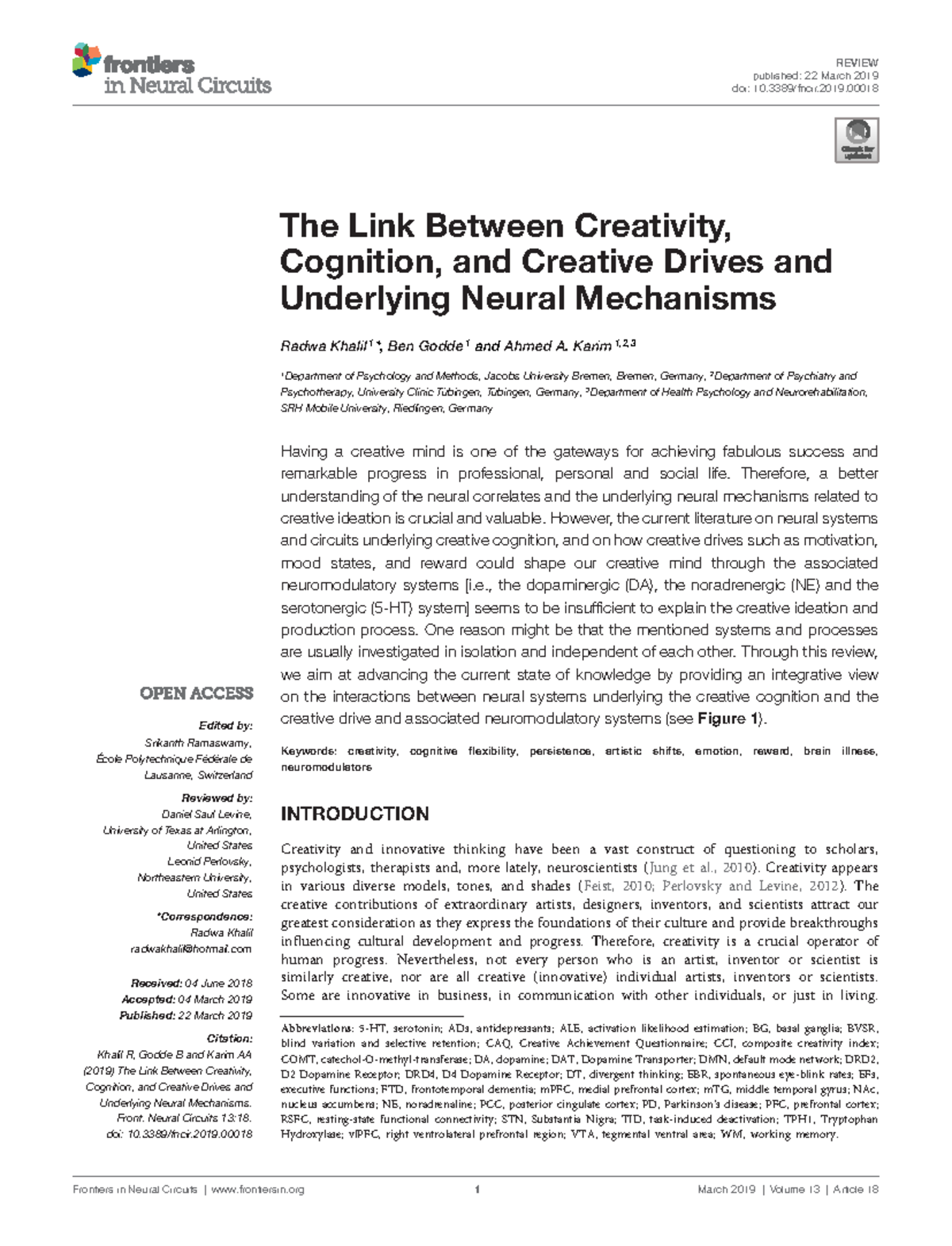 Cognition, creativity & neural mechanisms - REVIEW published: 22 March ...
