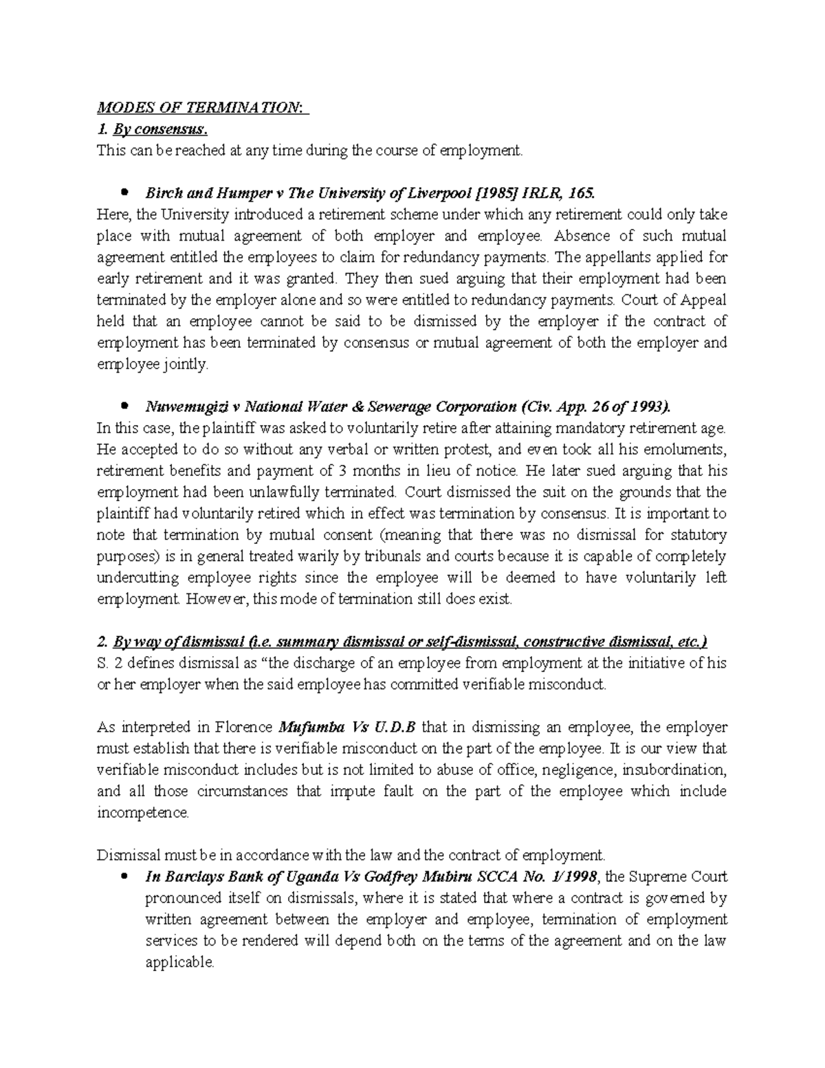 Modes of termination; labor law - MODES OF TERMINATION: By consensus ...
