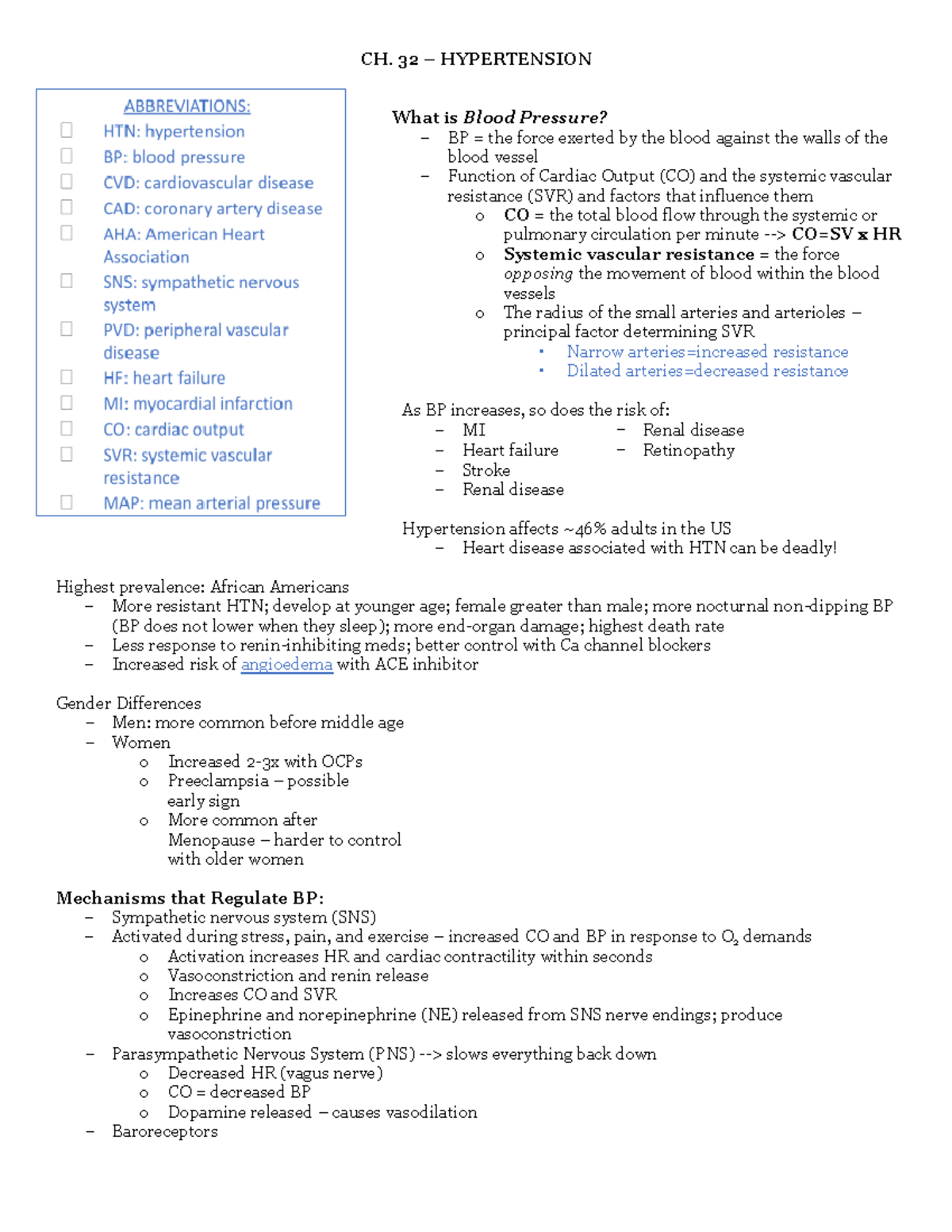 hypertension lecture notes - CH. 32 – HYPERTENSION What is Blood ...