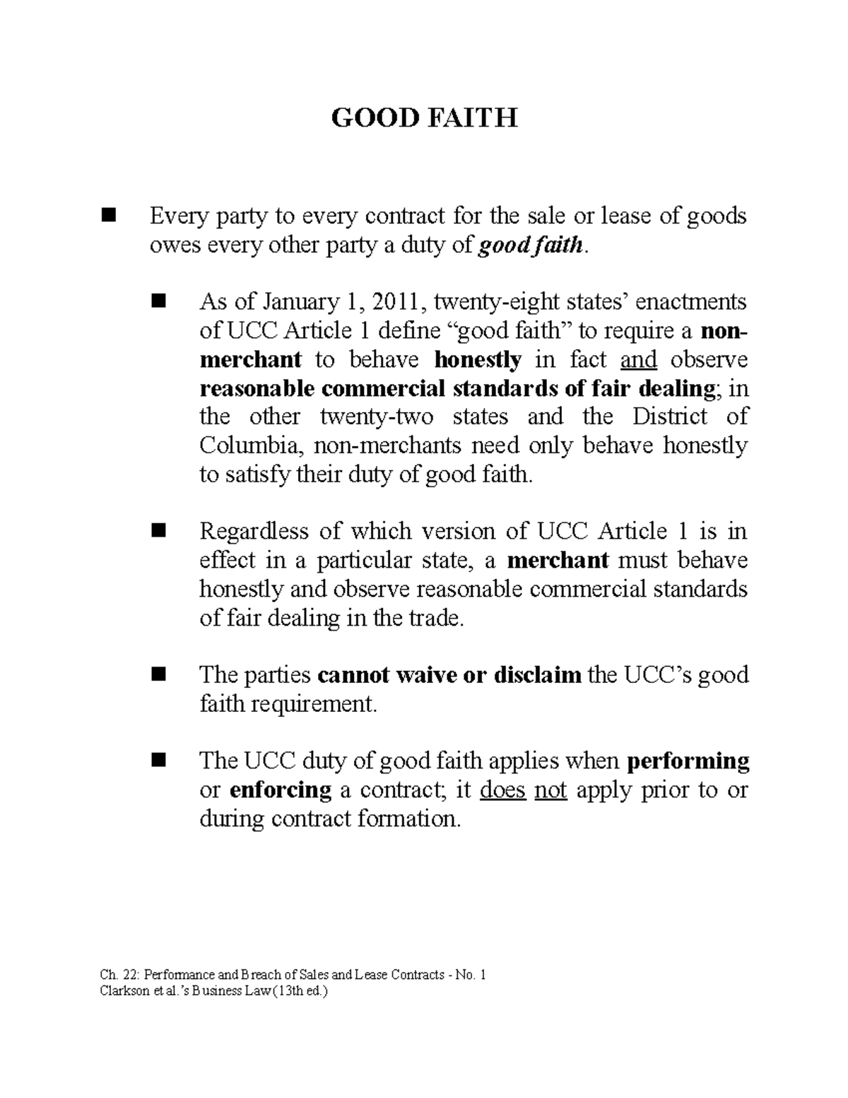 Ch 22 Performance+Breach of Sales Contract - GOOD FAITH Every party to ...