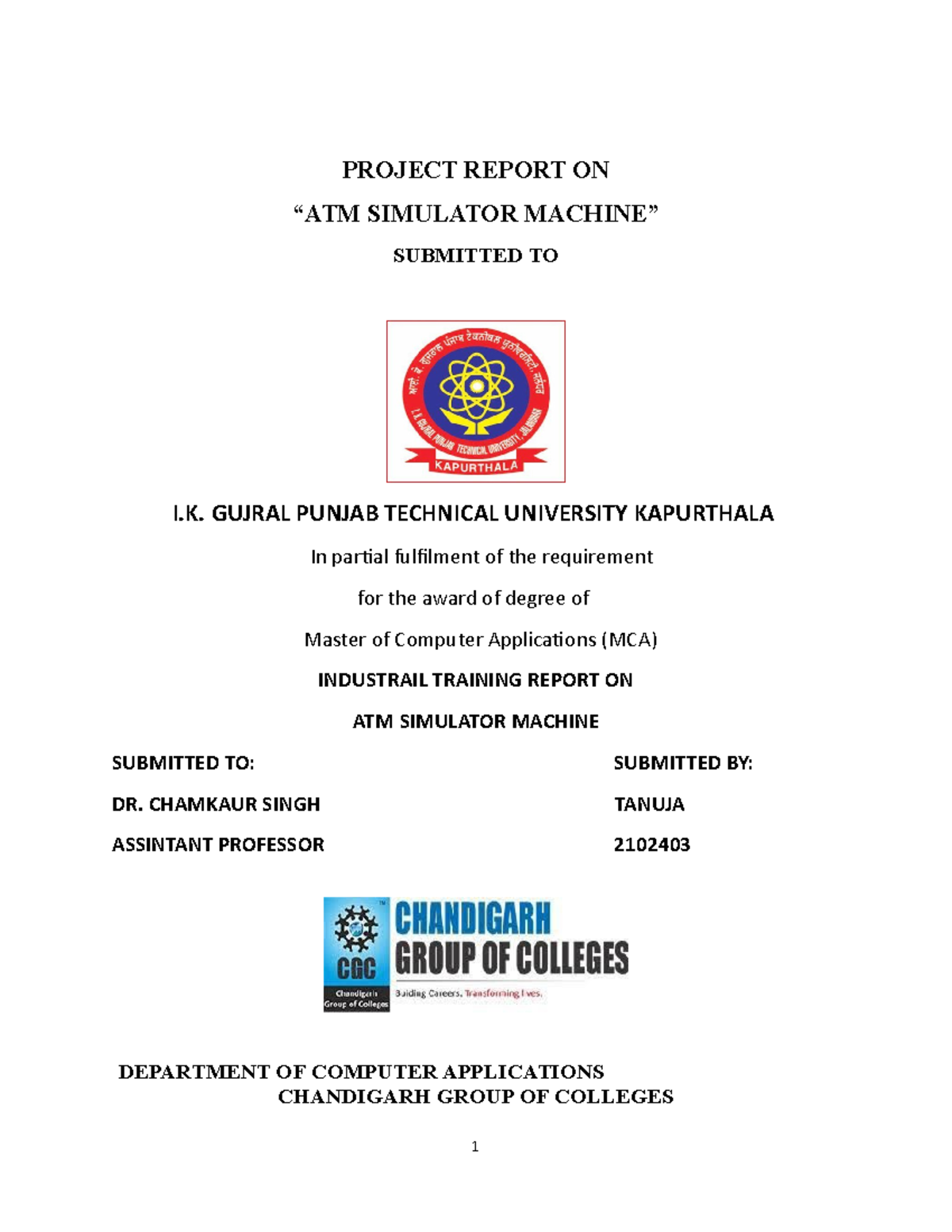 ATM report file14 - PROJECT REPORT ON “ATM SIMULATOR MACHINE” SUBMITTED ...