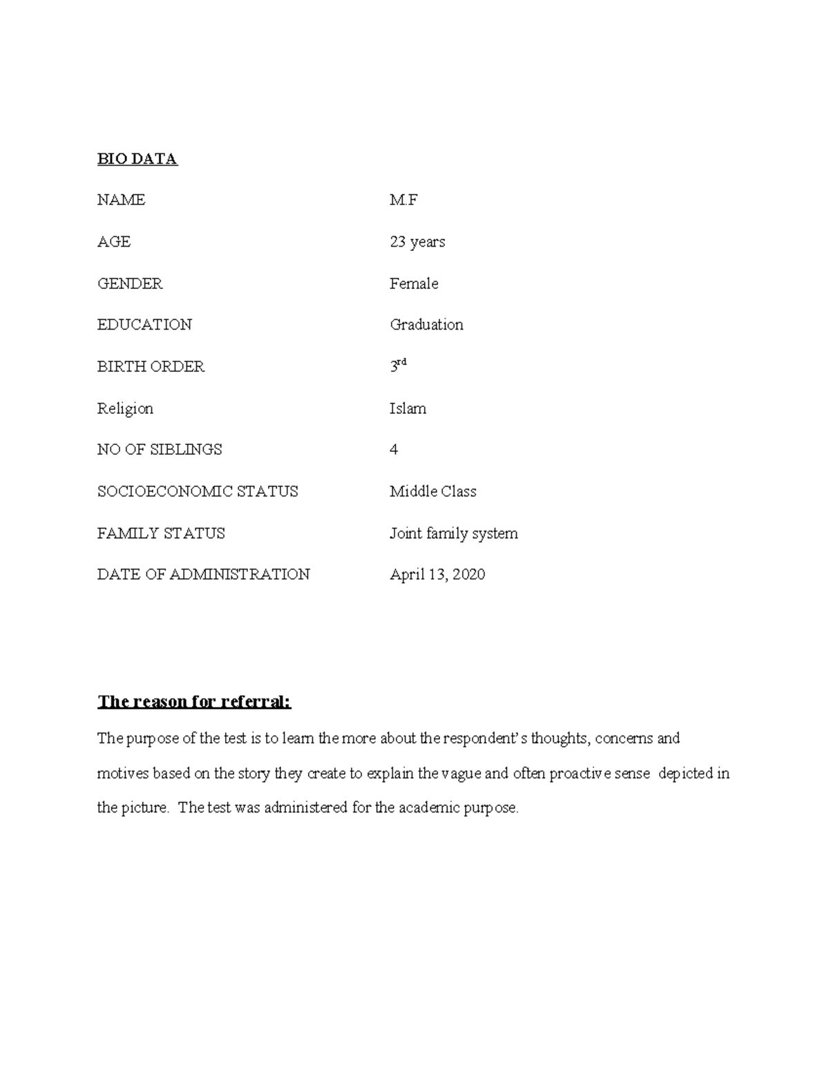 Tat sample - Tat project test - BIO DATA NAME M AGE 23 years GENDER ...