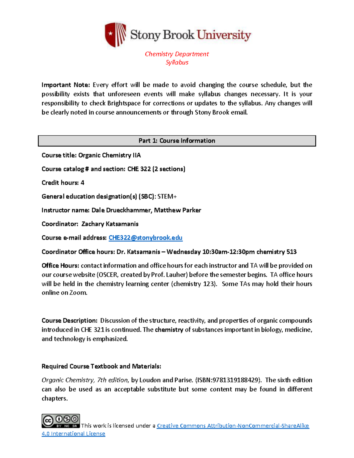 CHE322 Syllabus Spring 2024 - Chemistry Department Syllabus This work ...