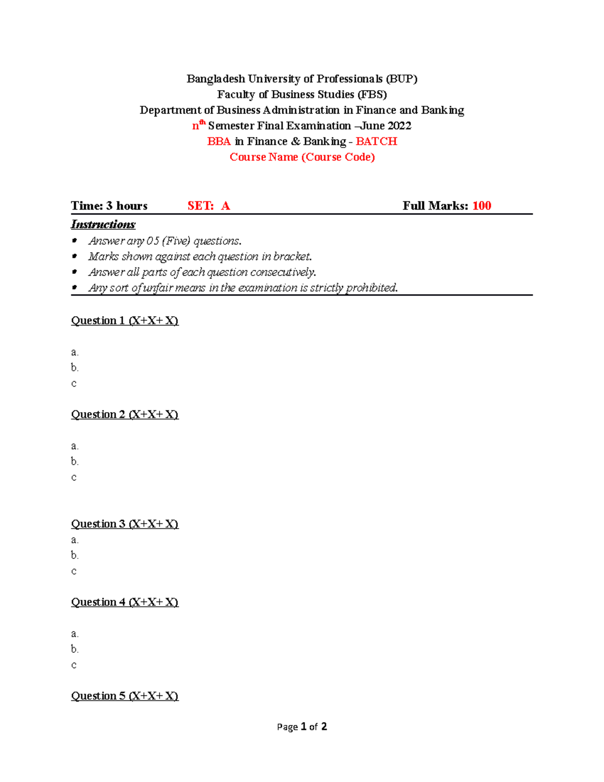 Question Structure BBA - Bangladesh University of Professionals (BUP ...