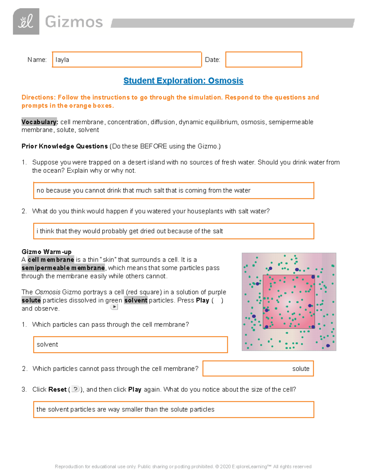 osmosis gizmo assignment - Name: layla Date: Student Exploration: Osmosis Directions: Follow the ...