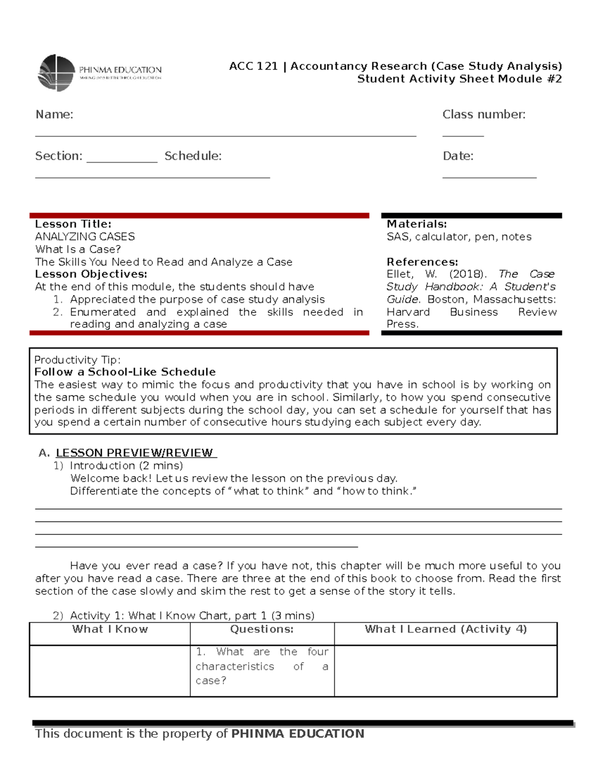 ACC 121 SAS Day 2 - Accounting - Student Activity Sheet Module # Name: - Studocu