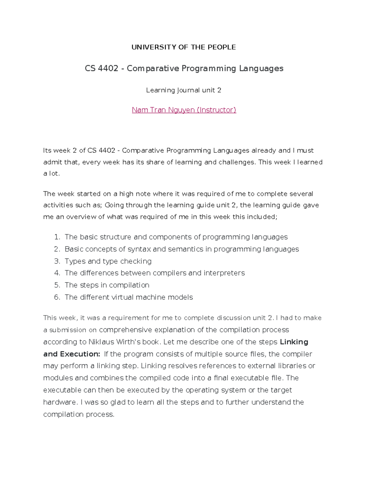 Cs 4402 Comparative Programming Languages Journal Unit 2 University Of The People Cs 4402