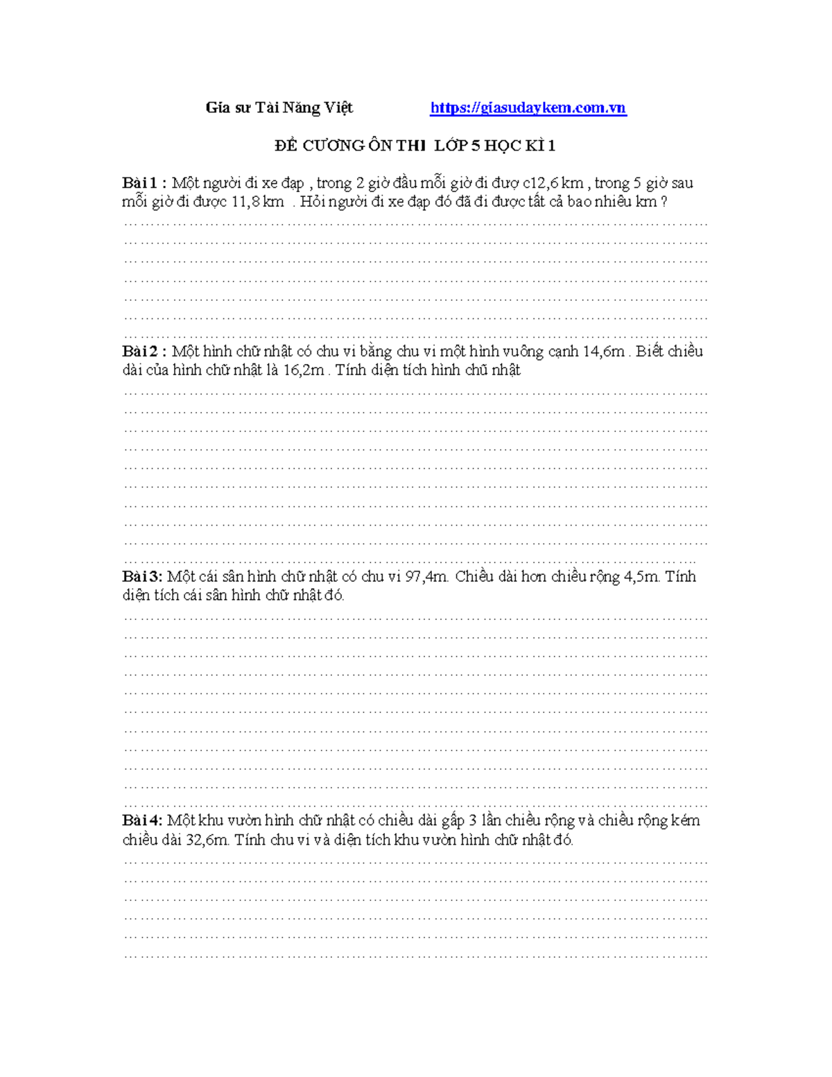 De cuong on thi toan lop 5 hoc ki 1 on tap toan 5 hoc ki 1 - Gia sư Tài ...