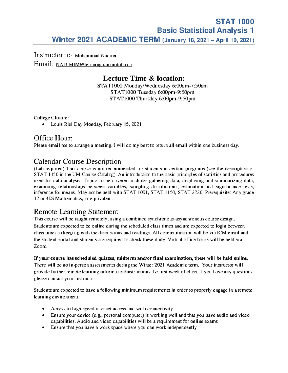 Syllabus STAT 1000 W2021 Template - Basic Statistical Analysis 1 Winter 2021 ACADEMIC TERM ...