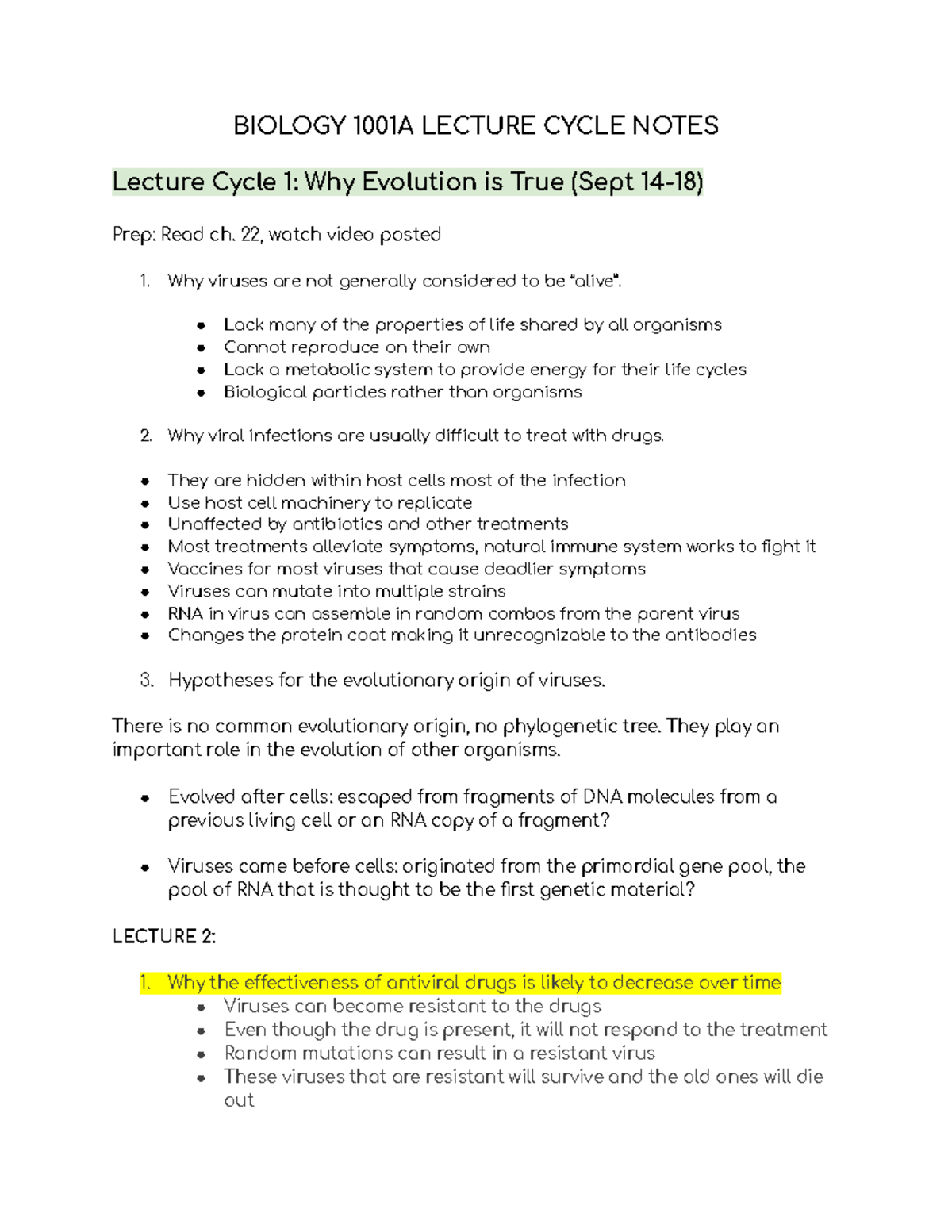 Bio-summary-note - Bio1001 Course Summary - BIOLOGY 1001A LECTURE CYCLE ...