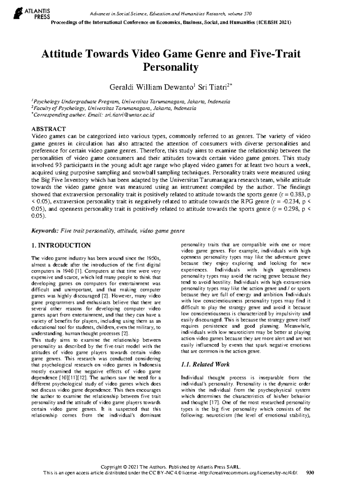 Attitude towards video game genre and five-trait personality - Attitude ...