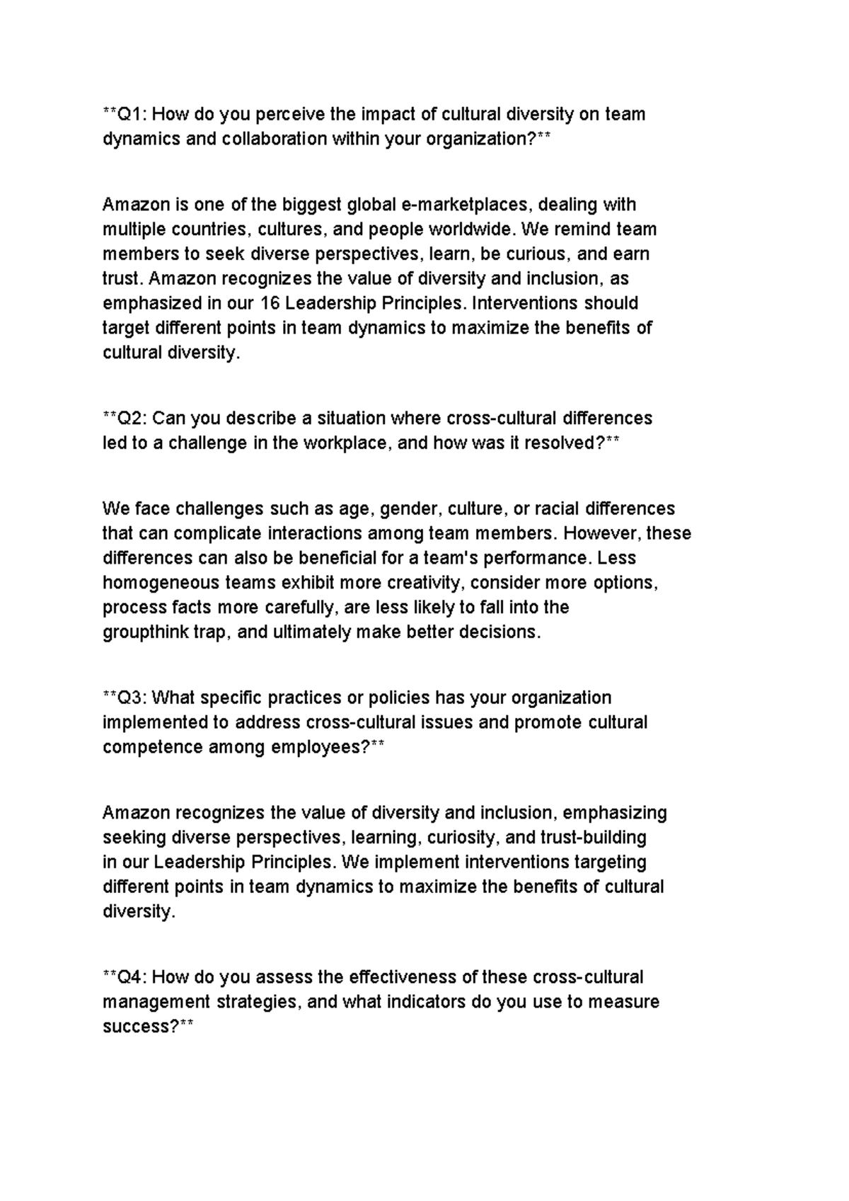 Amazon-QA - Q1: How do you perceive the impact of cultural diversity on ...