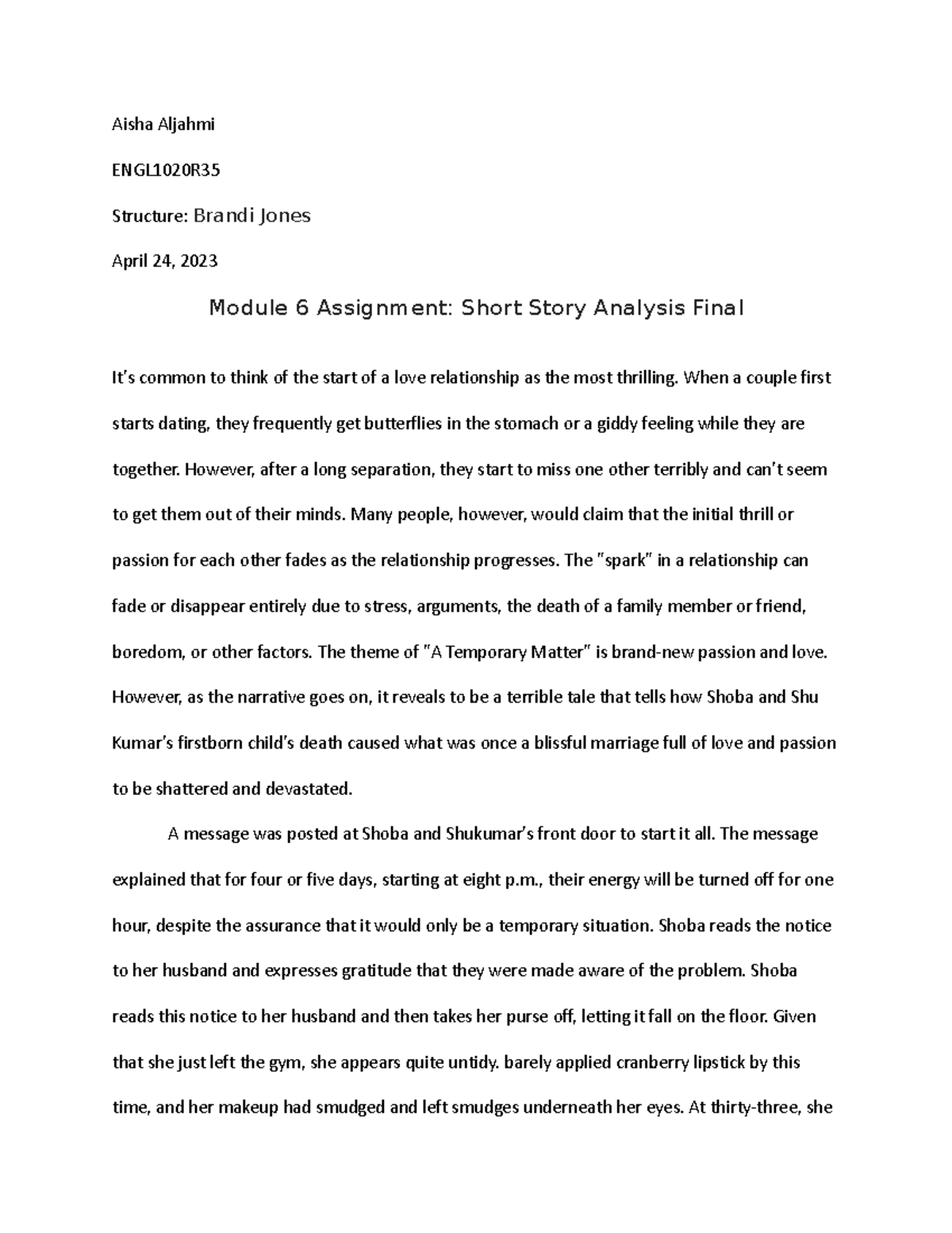 Module 6 Assignment- Short Story Analysis Final - Aisha Aljahmi ...