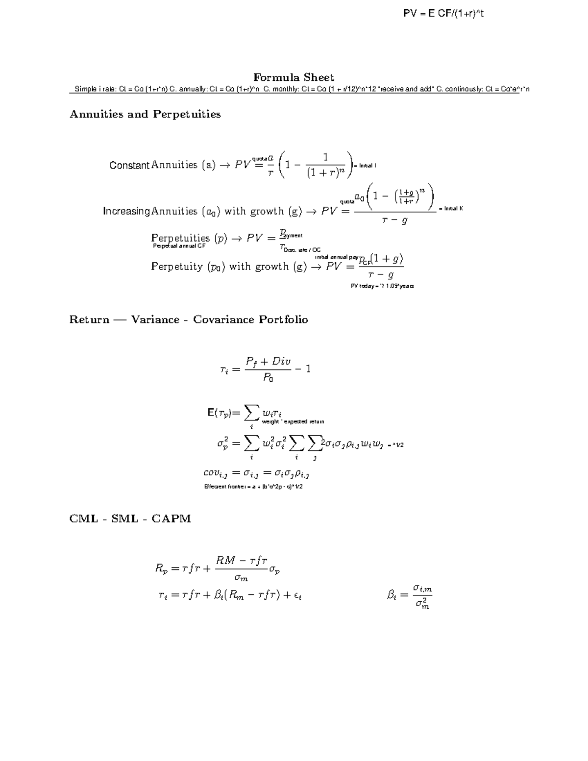 Formula Sheet - Formula Sheet Annuities and Perpetuities Annuities (a ...