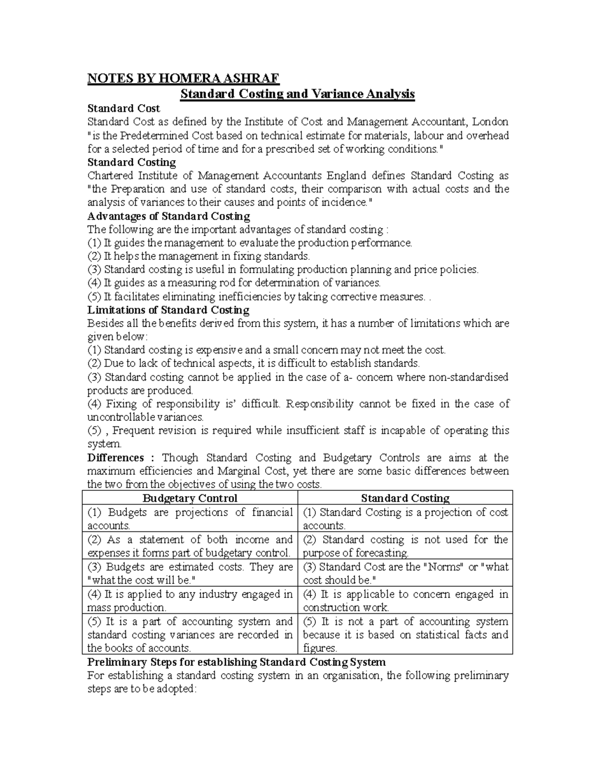 Standard Costing Lecture Notes NOTES BYHOMERAASHRAF Standard 