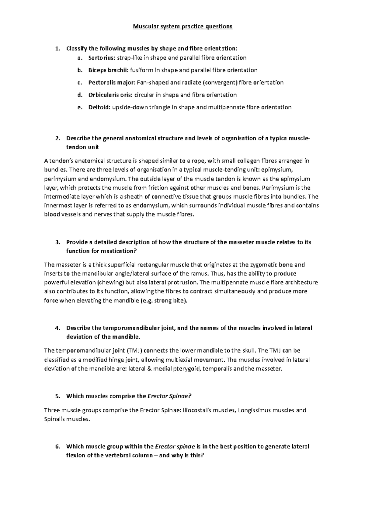 Muscular system SAQ - Classify the following muscles by shape and fibre ...