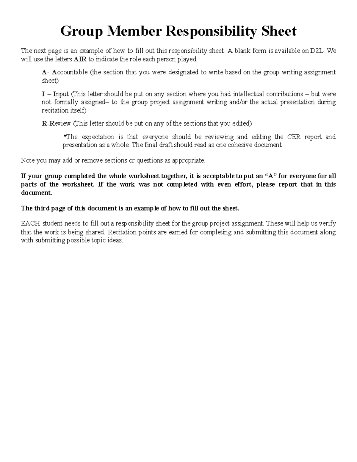 Individual Responsibility sheet template for Lecture Group Project ...