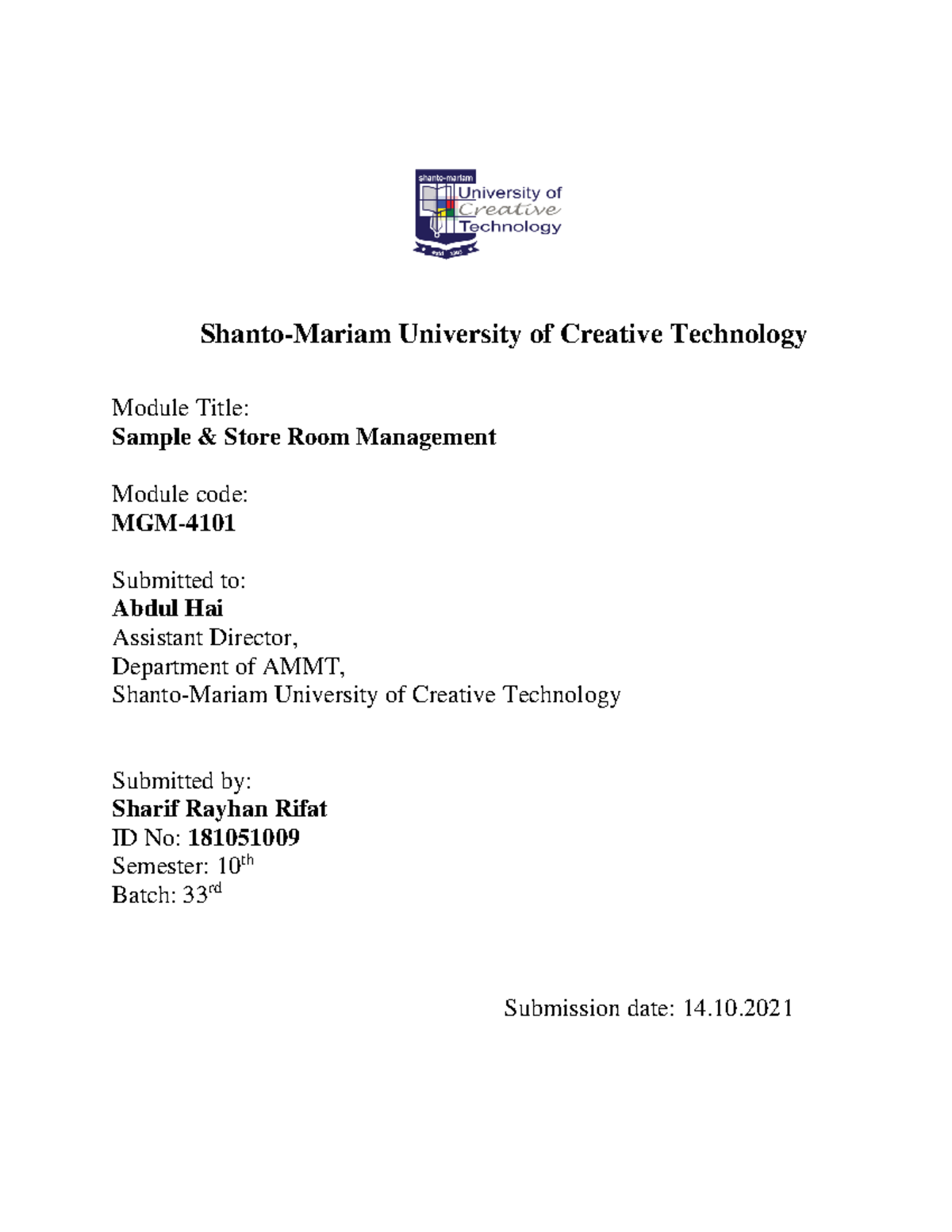 Store room - ... - Shanto-Mariam University of Creative Technology Module Title: Sample & Store ...