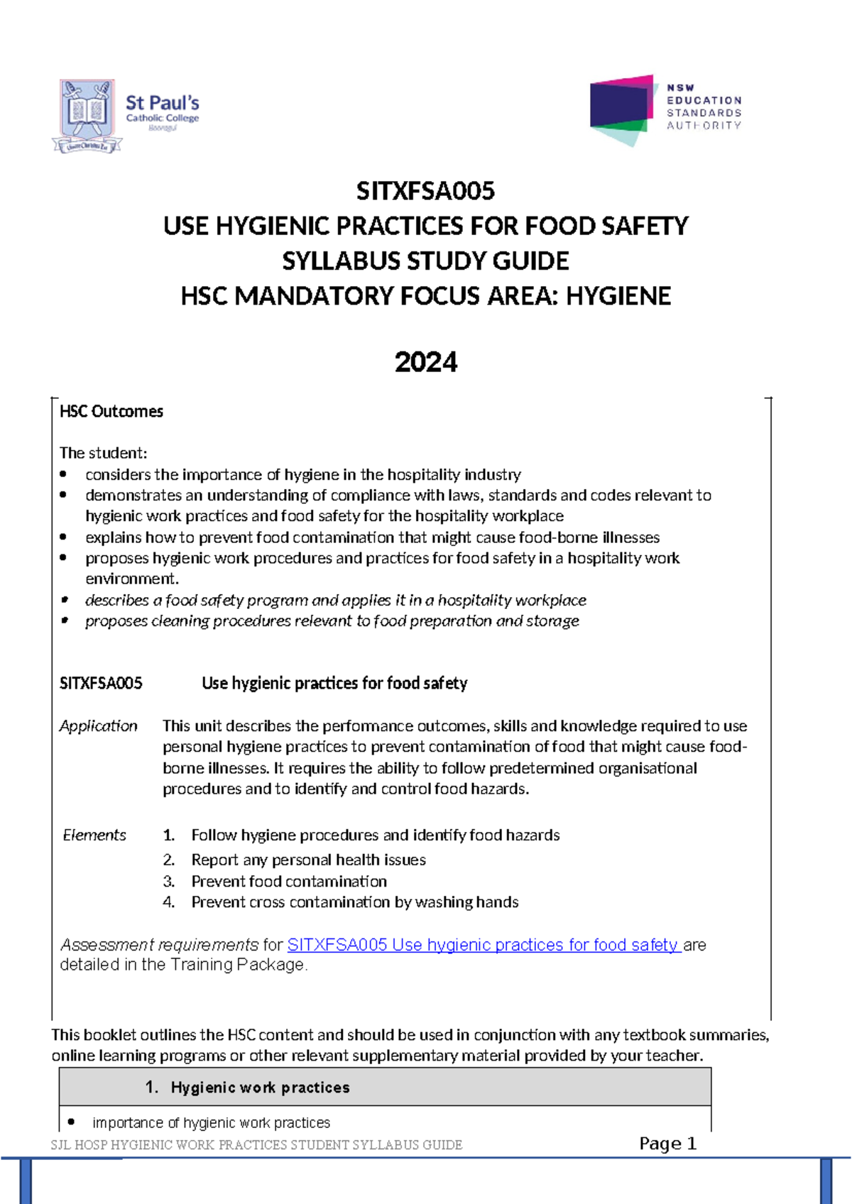Hygiene syllabus guide-SPB - SITXFSA USE HYGIENIC PRACTICES FOR FOOD ...
