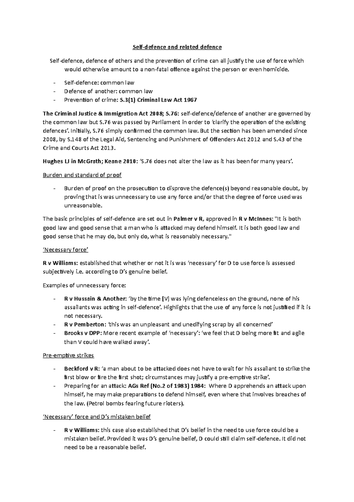 Self-defence - Self Defence Lecture Notes - Self-defence and related ...